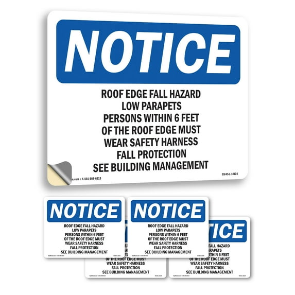 Roof Edge Fall Hazard Low Parapets Persons OSHA Notice Vinyl Decal ...