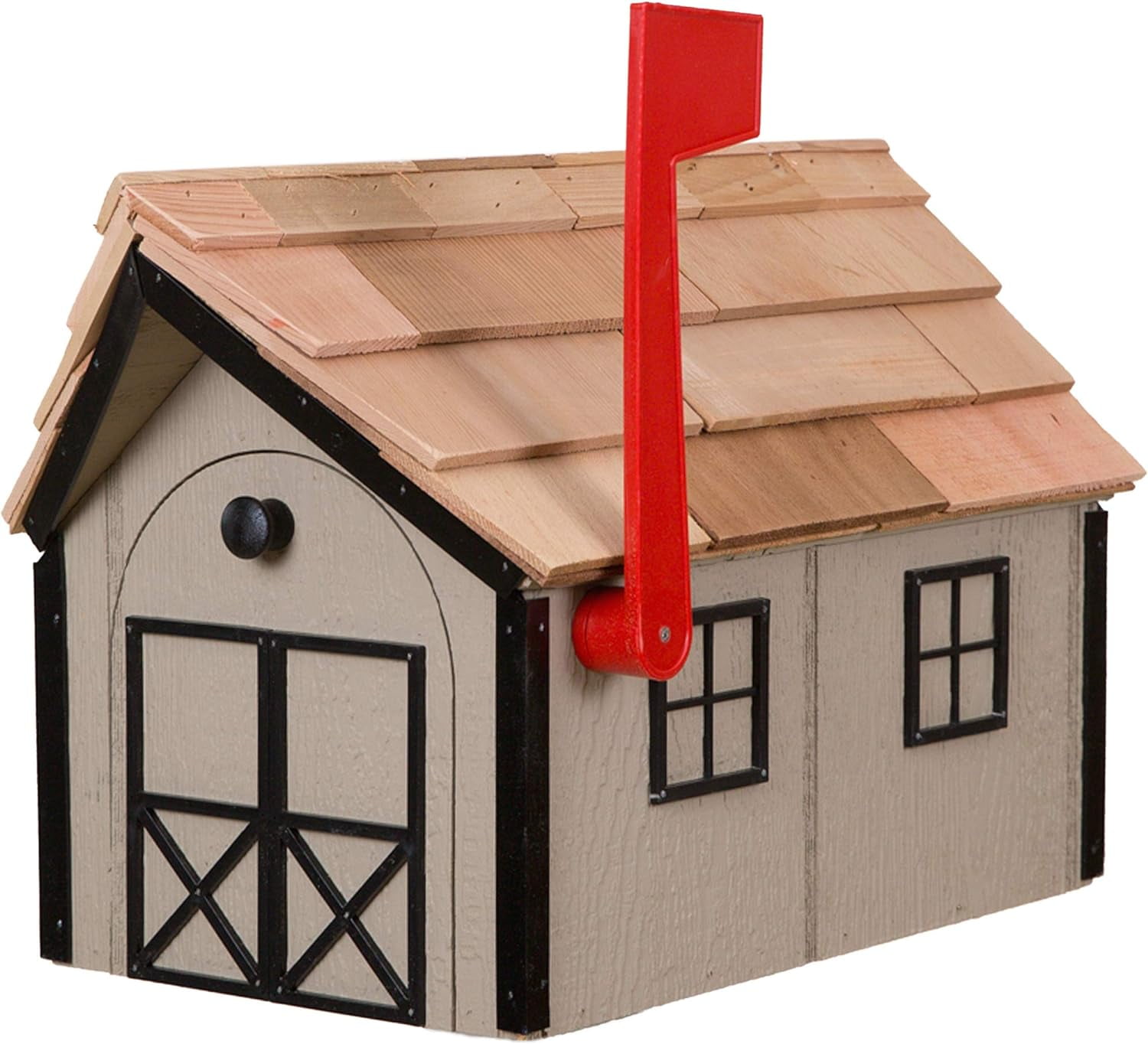 Roof Wooden Mailbox with Window & Door Trim (Clay with Black Trim ...