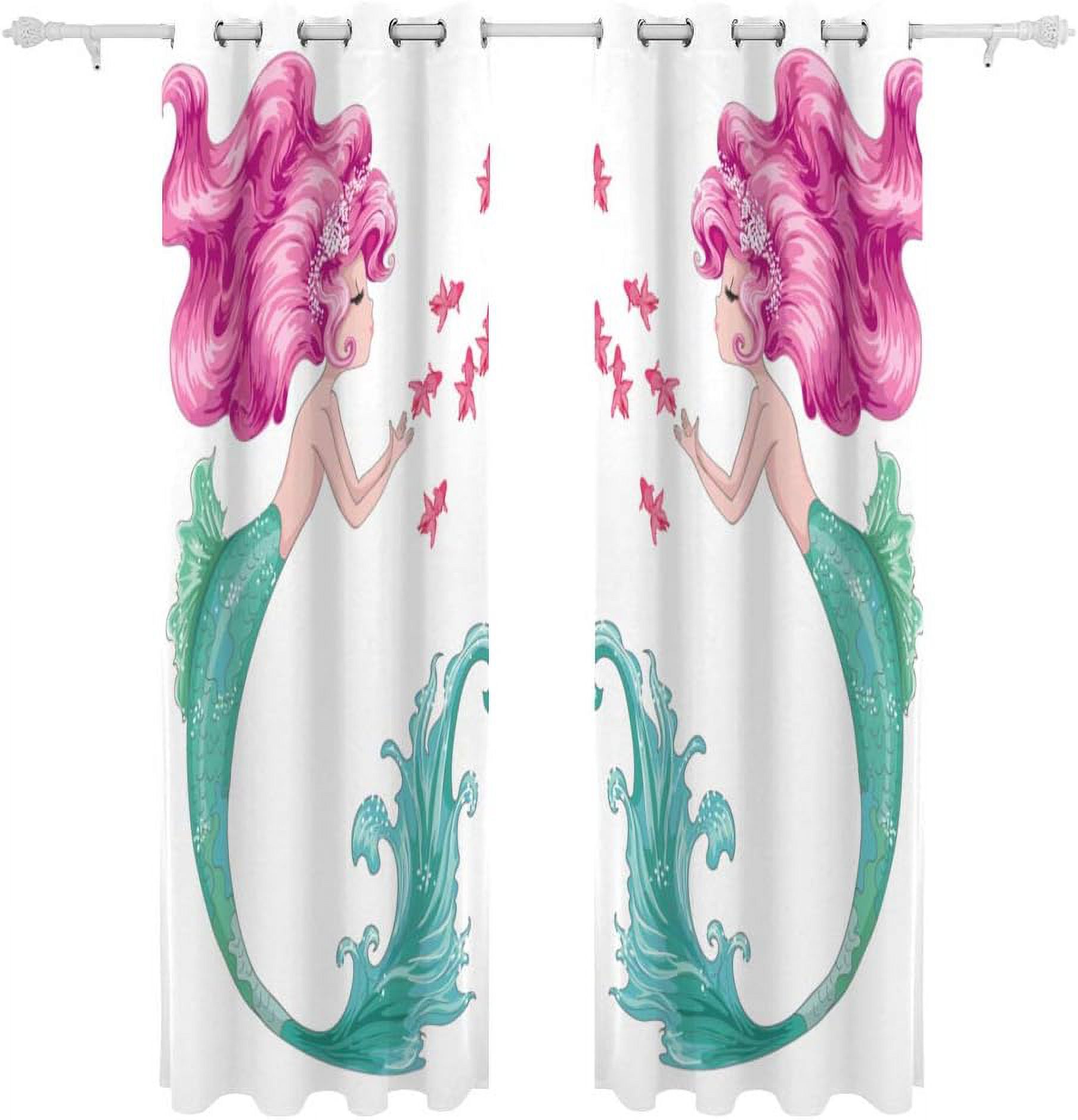 Room Darkening Window Curtains Drapes Mermaid with Fishes Thermal ...