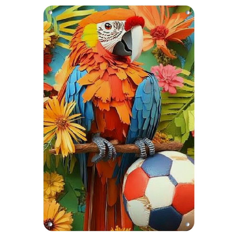 Room Decor 1pc Tropical Parrot with Soccer Ball Metal Iron Sign, 8x12 Inch, Vibrant Colors ...
