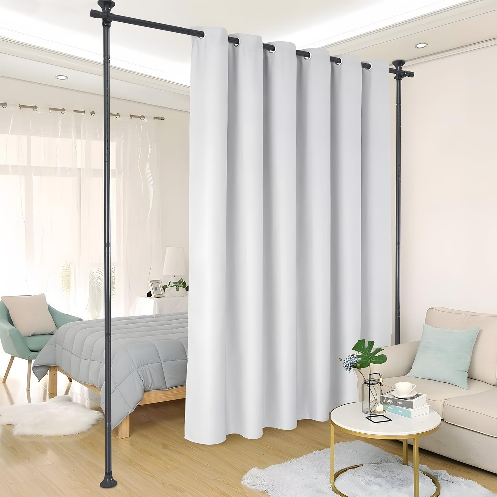 Room Divider, 4-10ft No Drilling Adjustable Curtain Rods Wall Divider ...
