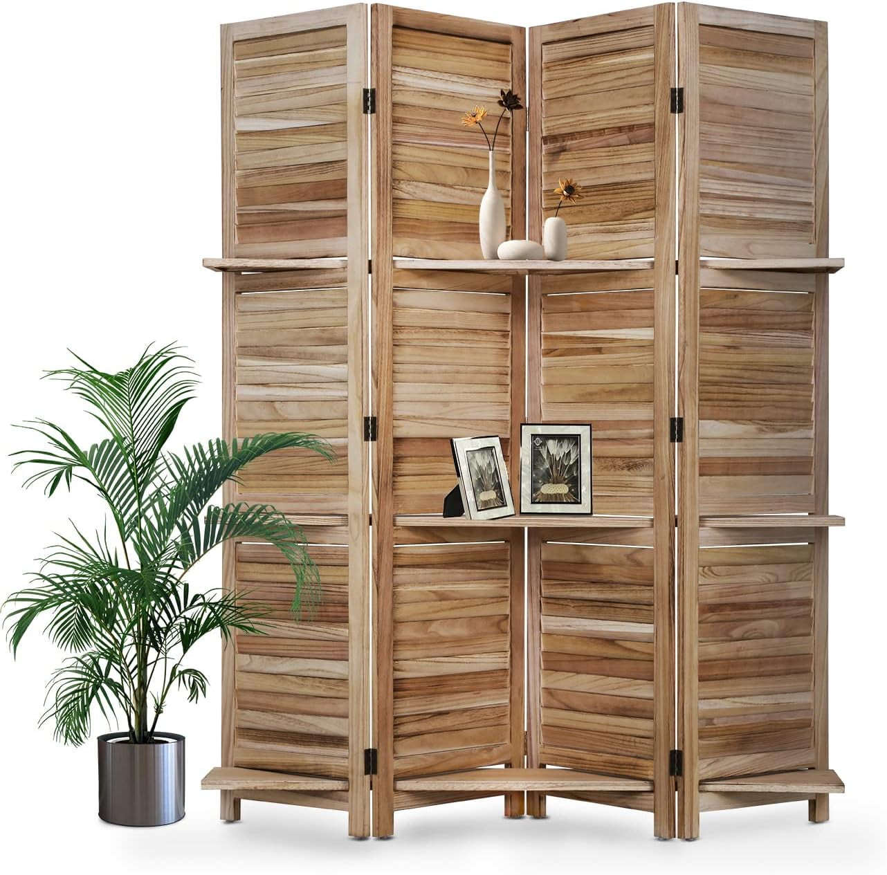 Room Divider 4 Panel, Room Divider with Shelves and Easy Move Partition ...