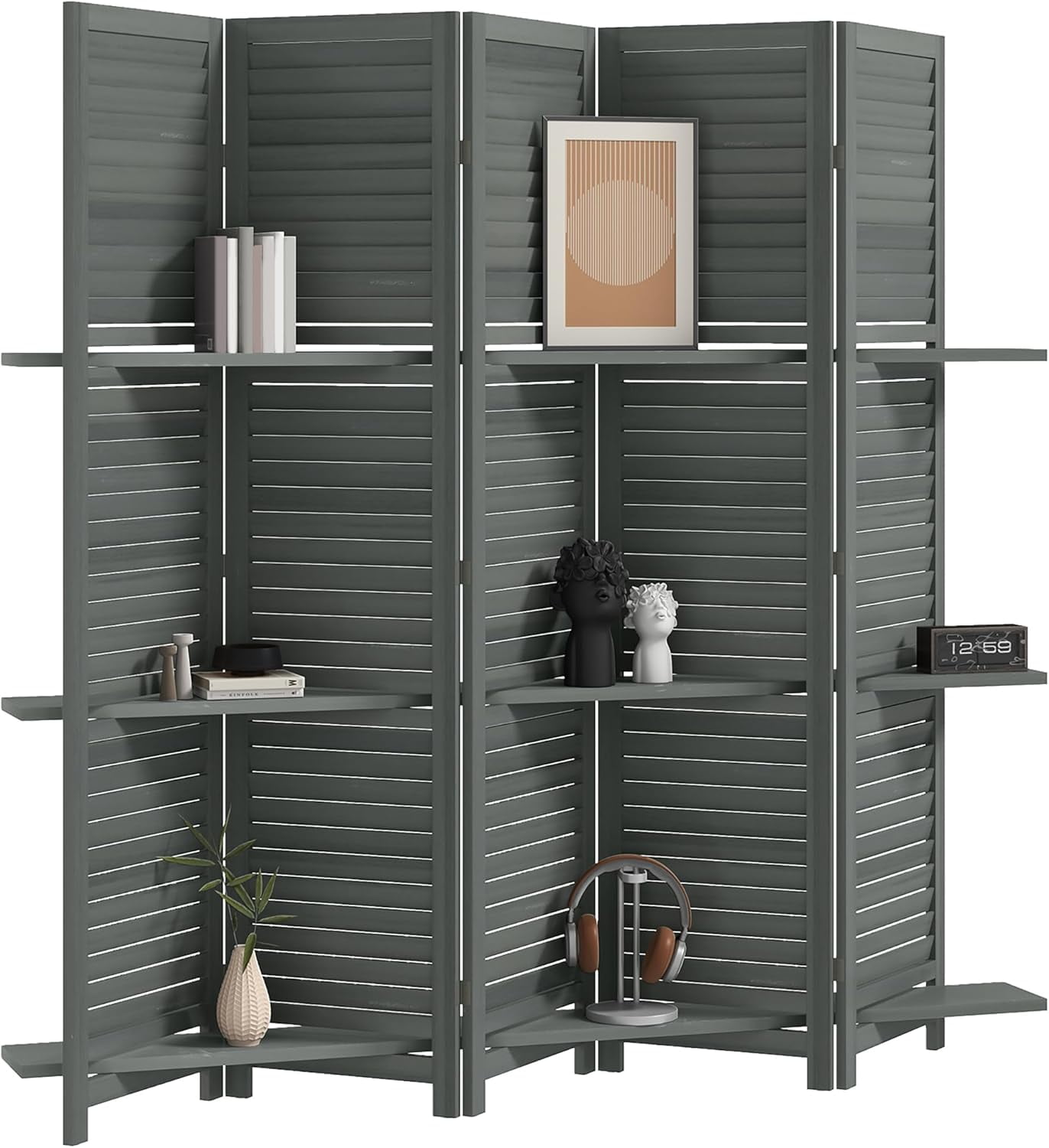 Room Divider 5 Panel 67" Tall Wood Privacy Screen with 3 Display ...