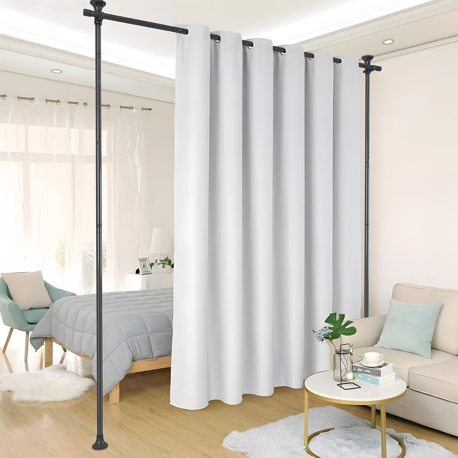 Room Divider- Adjustable 10FT No Drilling Curtain Rods Wall Divider for ...