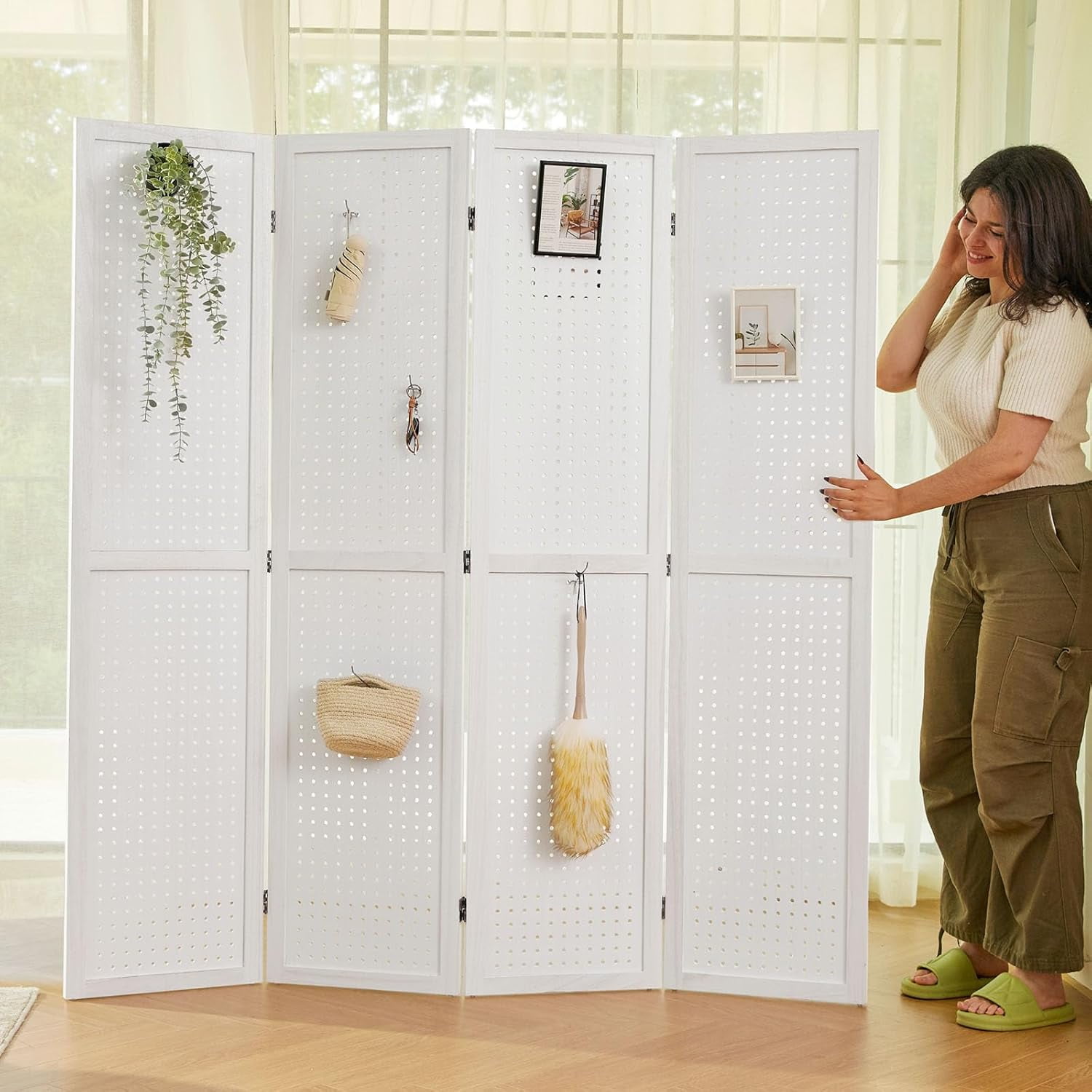 Room Divider Freestanding Folding Pegboard Privacy Screen | 4-Panel ...