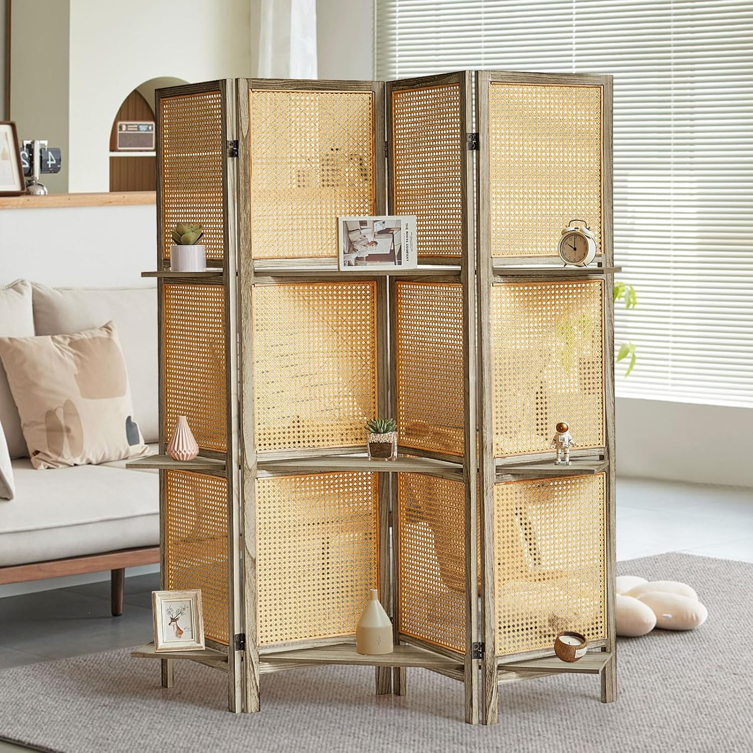 Room Divider Panel, 4 Panel Rattan Room Divier with Shelf, Room Divider ...