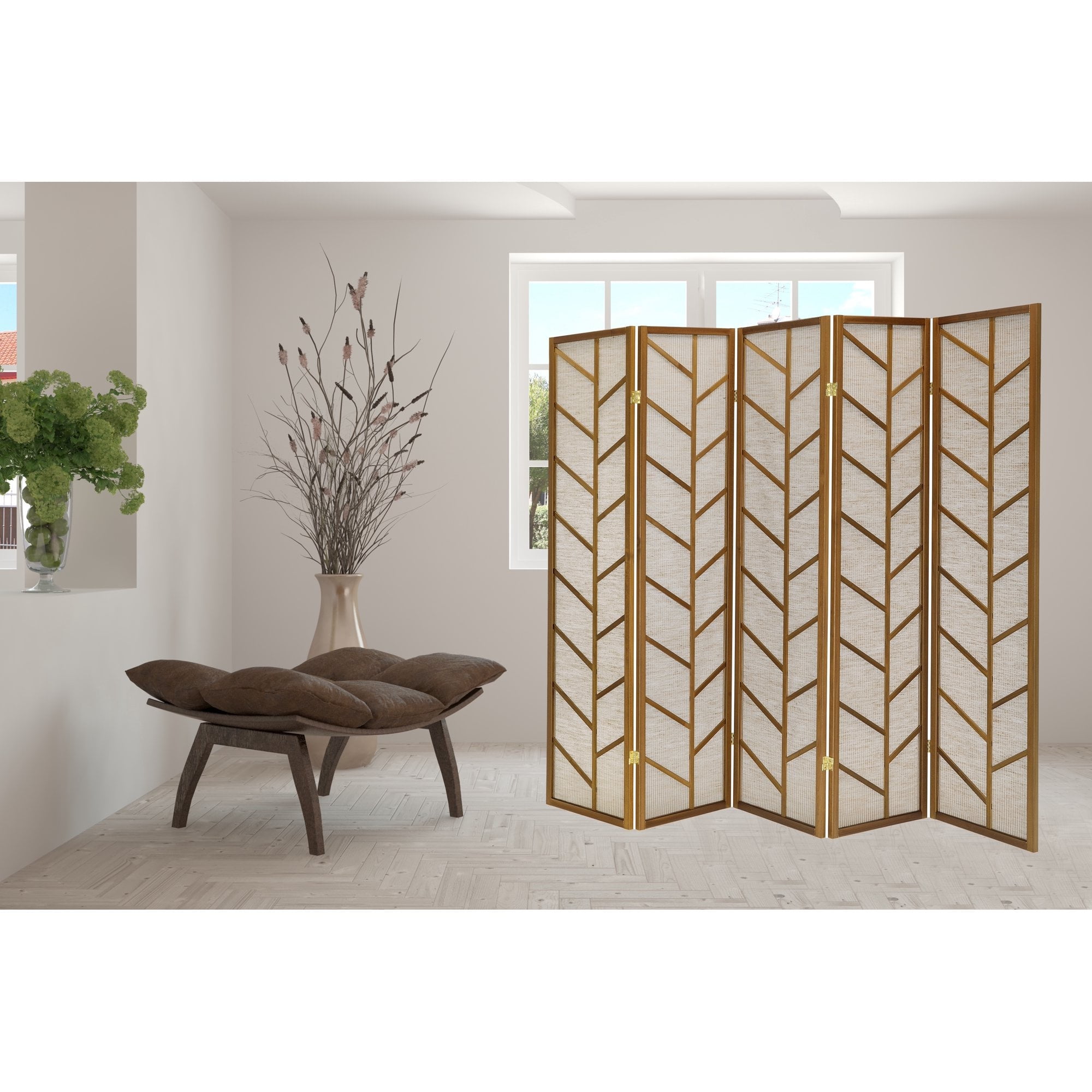 5 Panels Room Divider Screen with Jute Insert Geometric Cutout Wood 71 ...