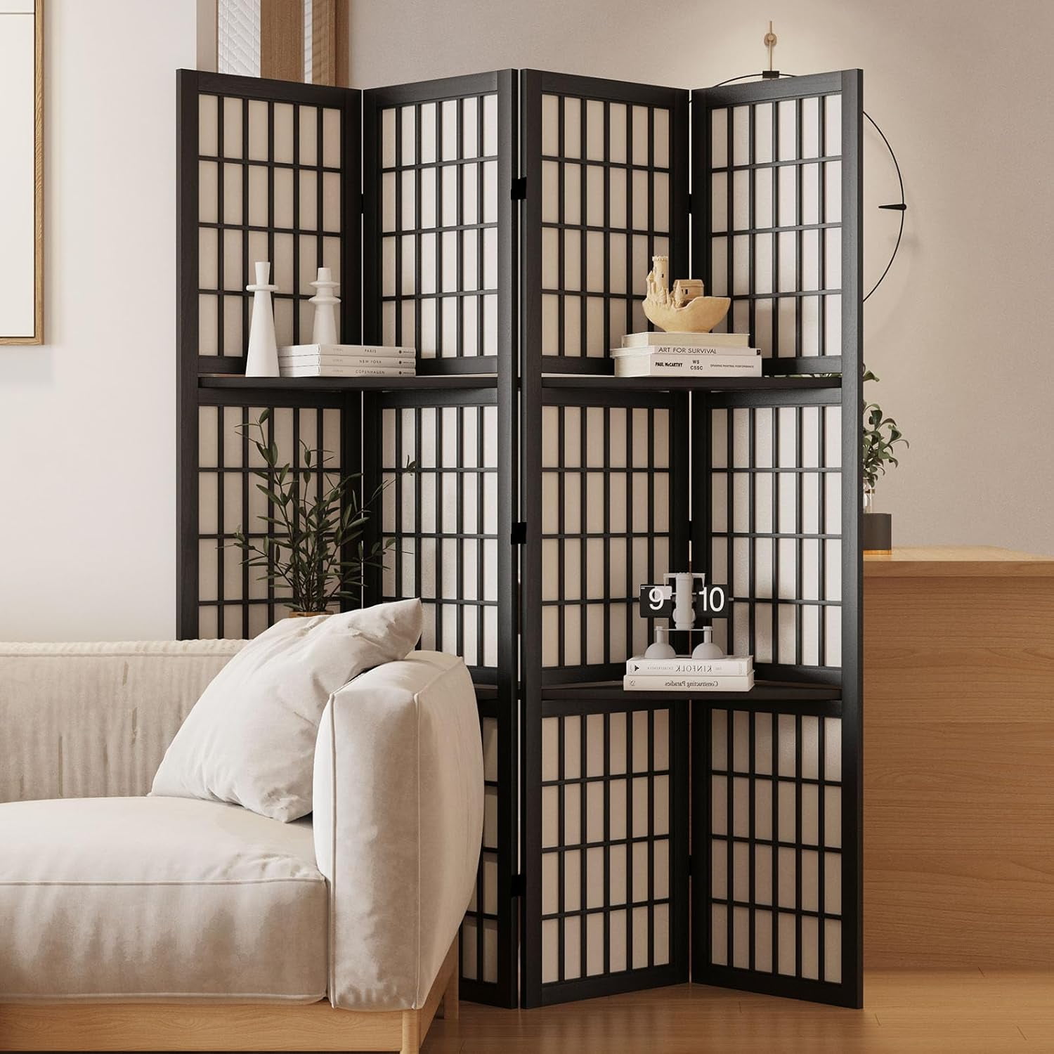 Room Divider with Shelves, 66.9-Inch Tall Japanese Shoji Style Wood ...