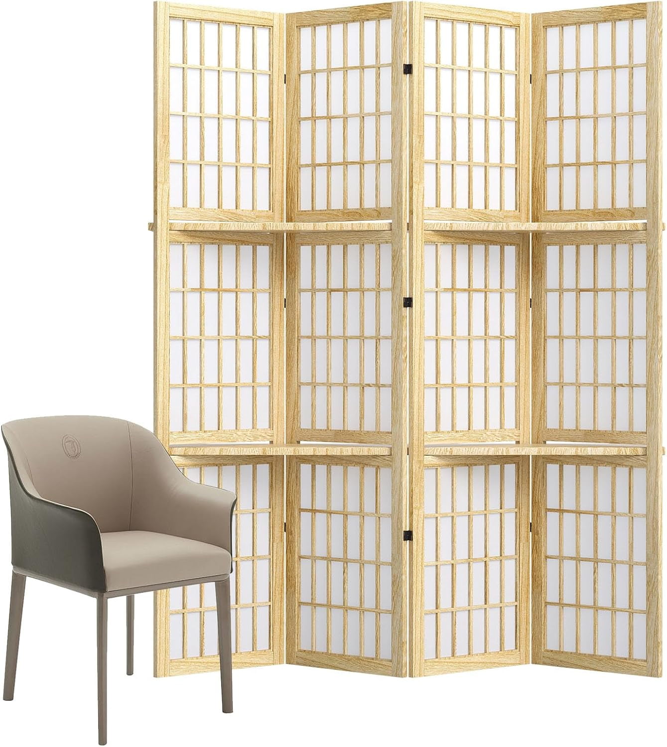 Room Divider with Shelves 66.9-Inch Tall Japanese Shoji Style Wood ...