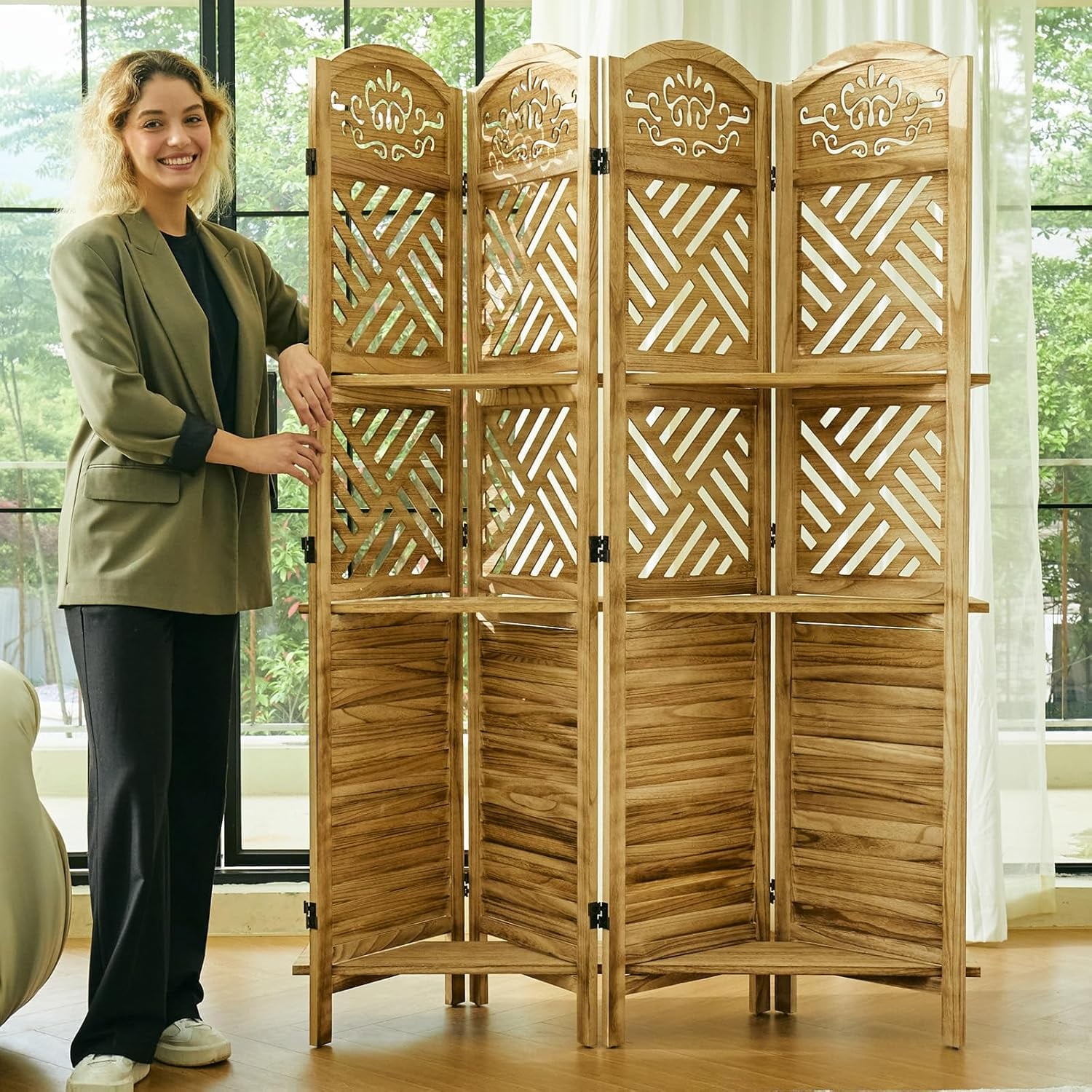 Room Divider with Shelves, 68.9inch Wood Carved and Louvered Wall ...