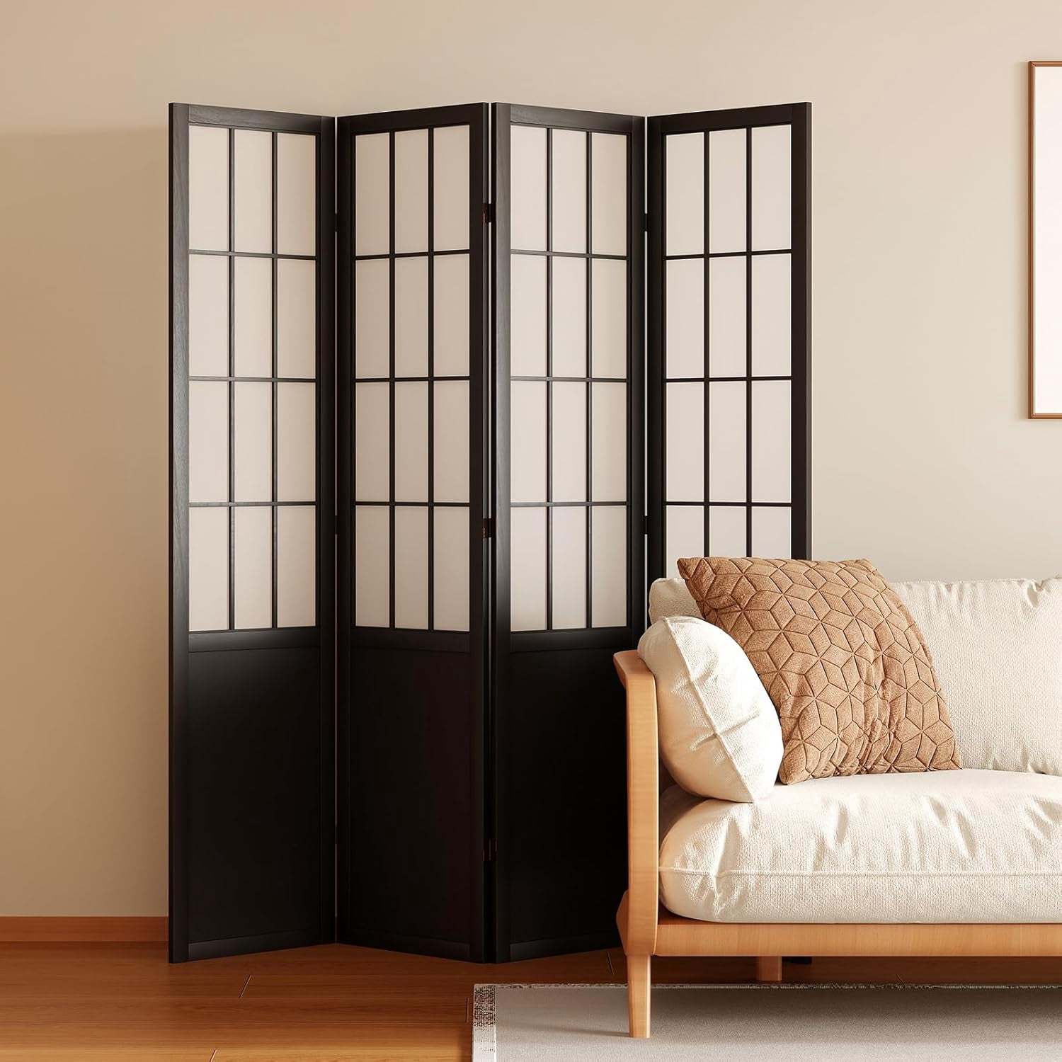 Room Divider, Tall Japanese Shoji Style Folding Wood Screen with Double ...