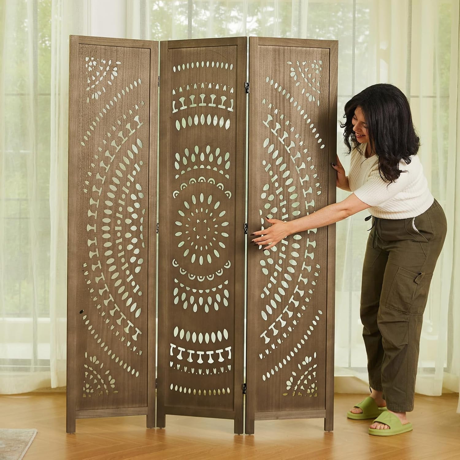 Room Divider Wood Carved Wall Divider Indoor Folding Bohemian Style ...