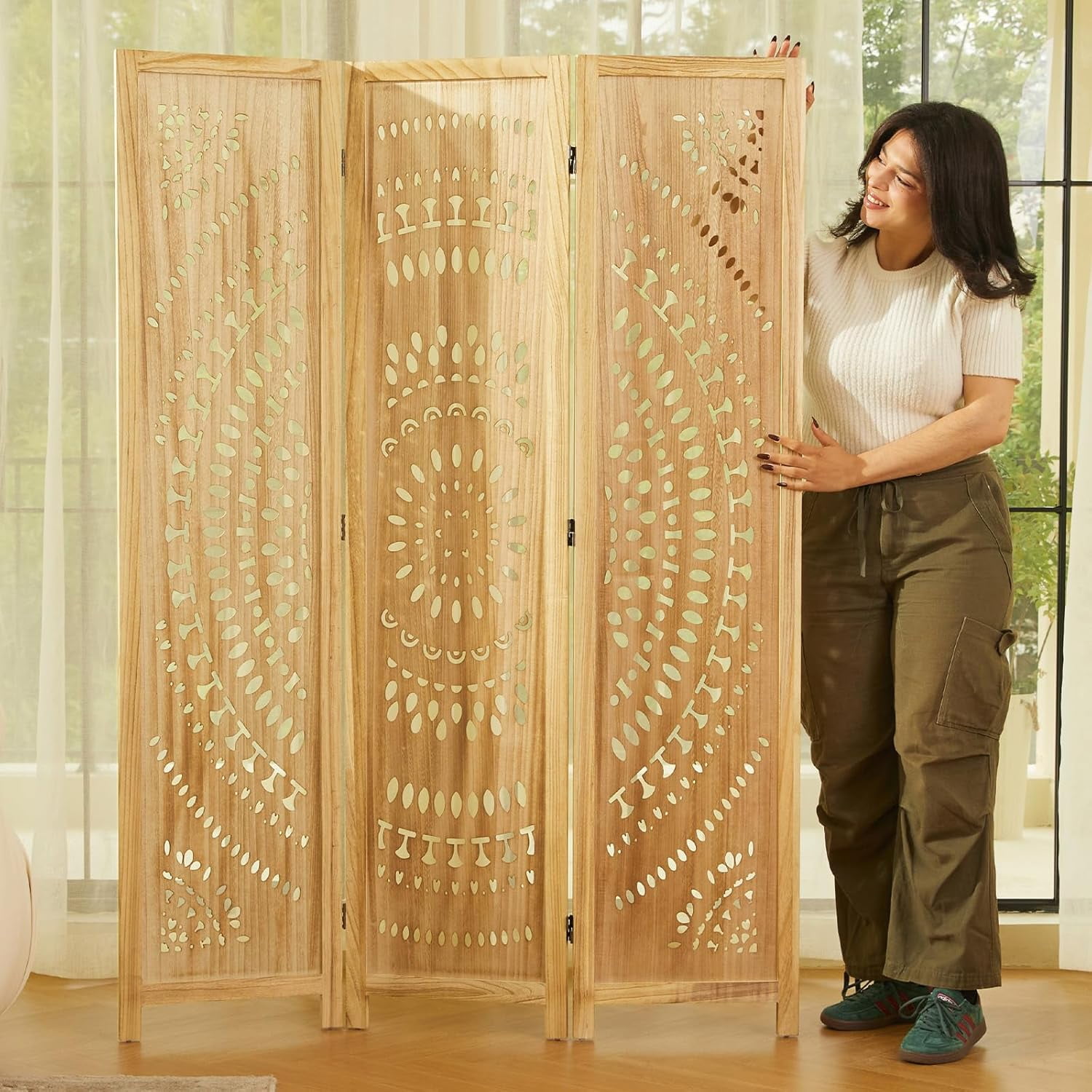 Room Divider Wood Carved Wall Divider Indoor Folding Bohemian Style ...