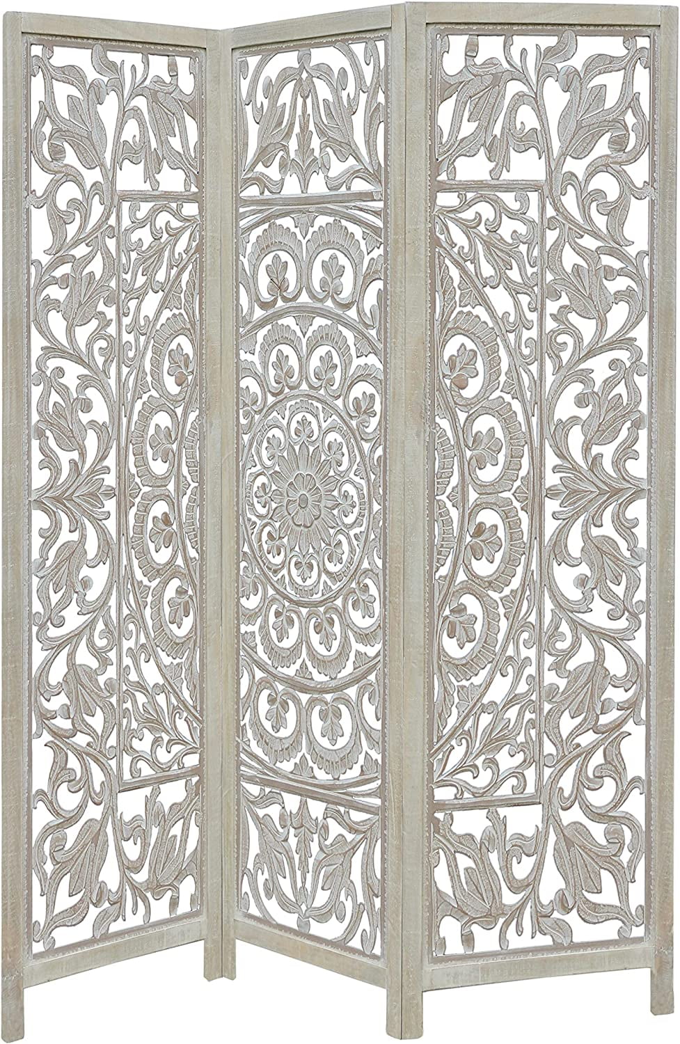 Room Divider Wood Floor Screen - Suzani White Wash 3 Folding Panel ...