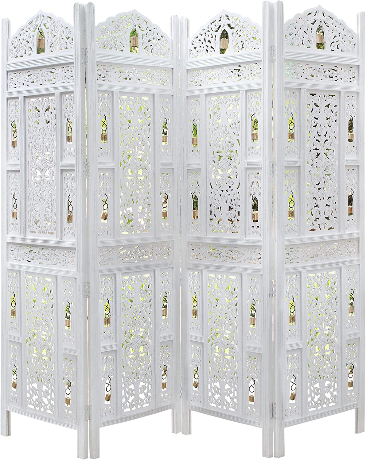 Room Divider Wood Screen - Ghanti Bells Antique White - 4 Panel Folding ...
