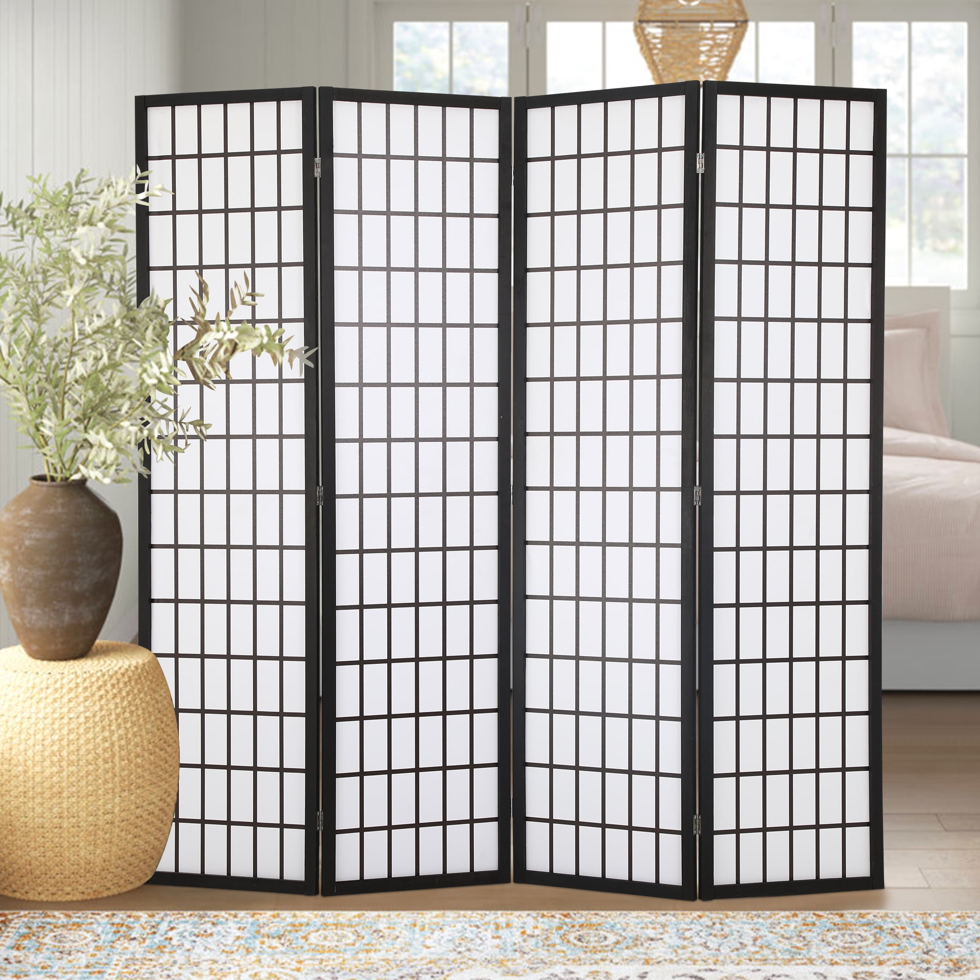 6Ft Wood Oriental Shoji Room Divider, 4 Panel Freestanding Partition ...