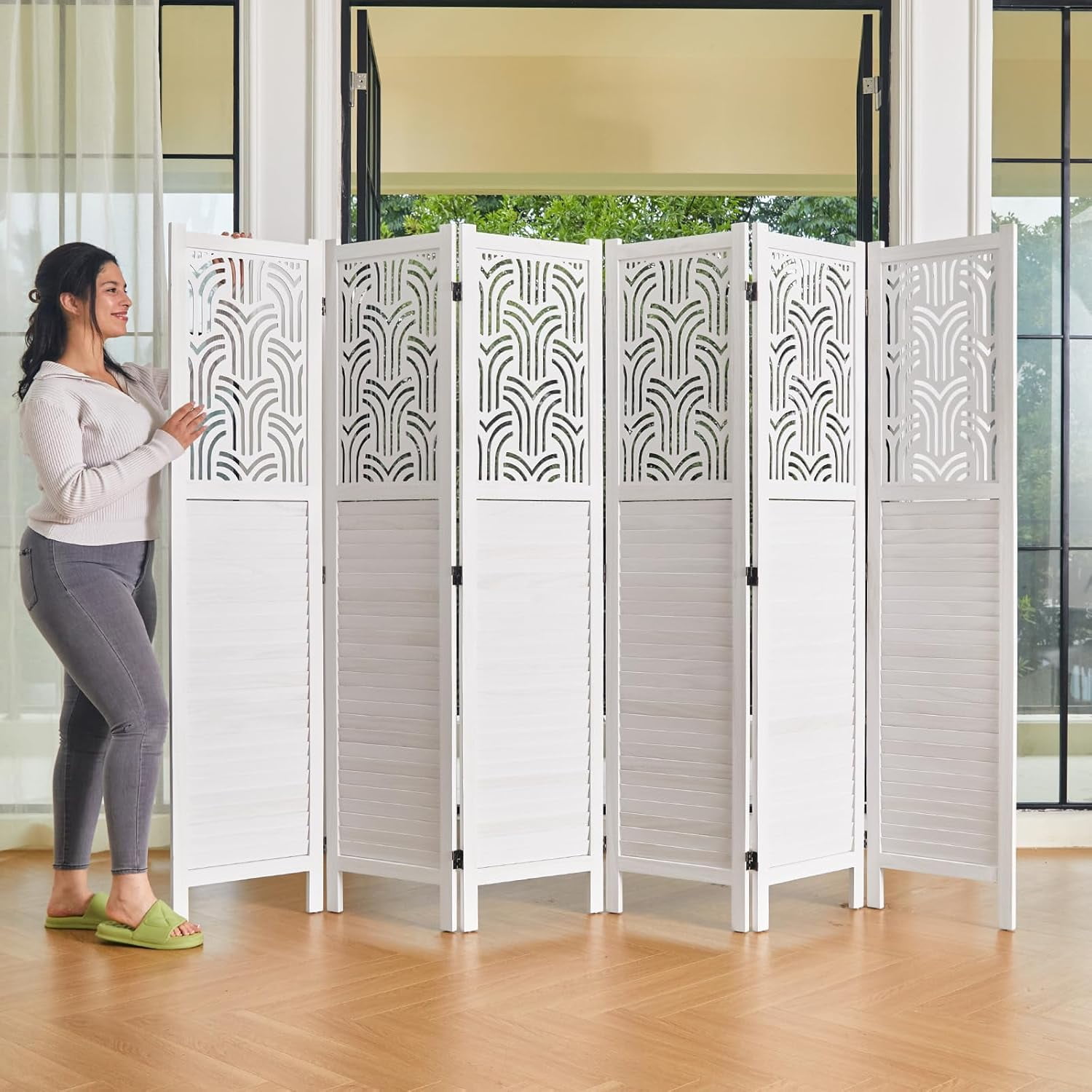 Room Dividers, 5.6 Ft Wood Carved Wall Divider Indoor Folding Portable ...