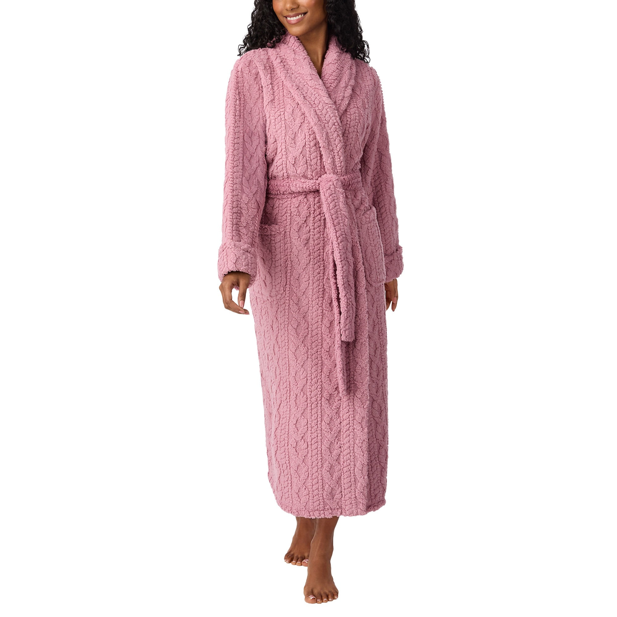Room Service Women's Cable Knit Cozy Wrap Robe with Pockets (Pink/Large ...