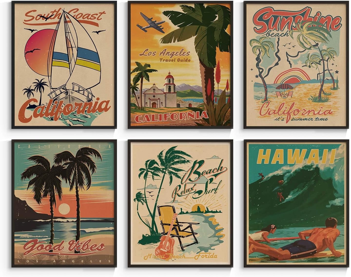 Room Wall Decor, Set of 6 Summer Beach Wall Art Prints, Hawaii Surfboard Wall Decor, for Retro ...