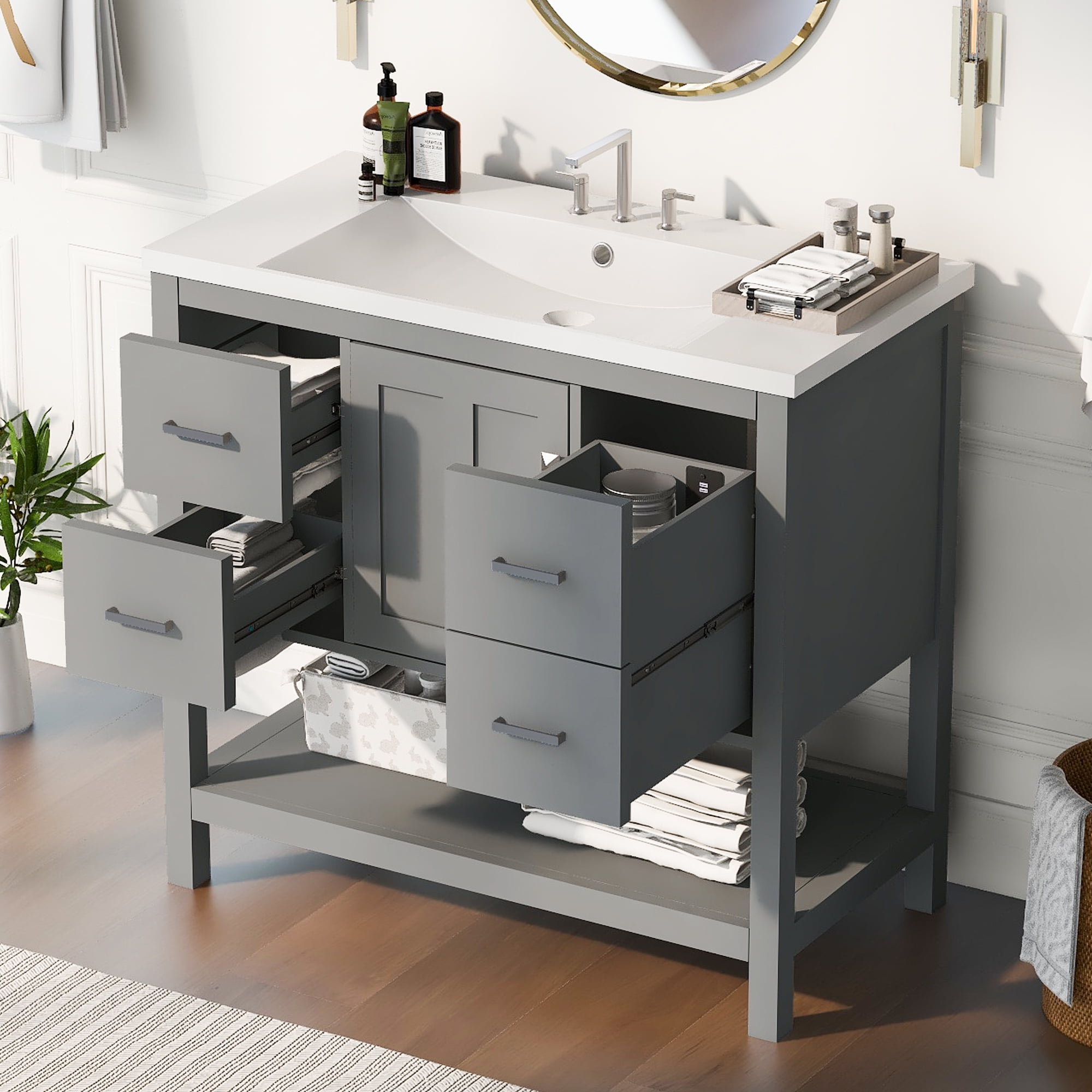 Roomfitters 36" Gray Modern Bathroom Vanity with USB,Two Shallow ...