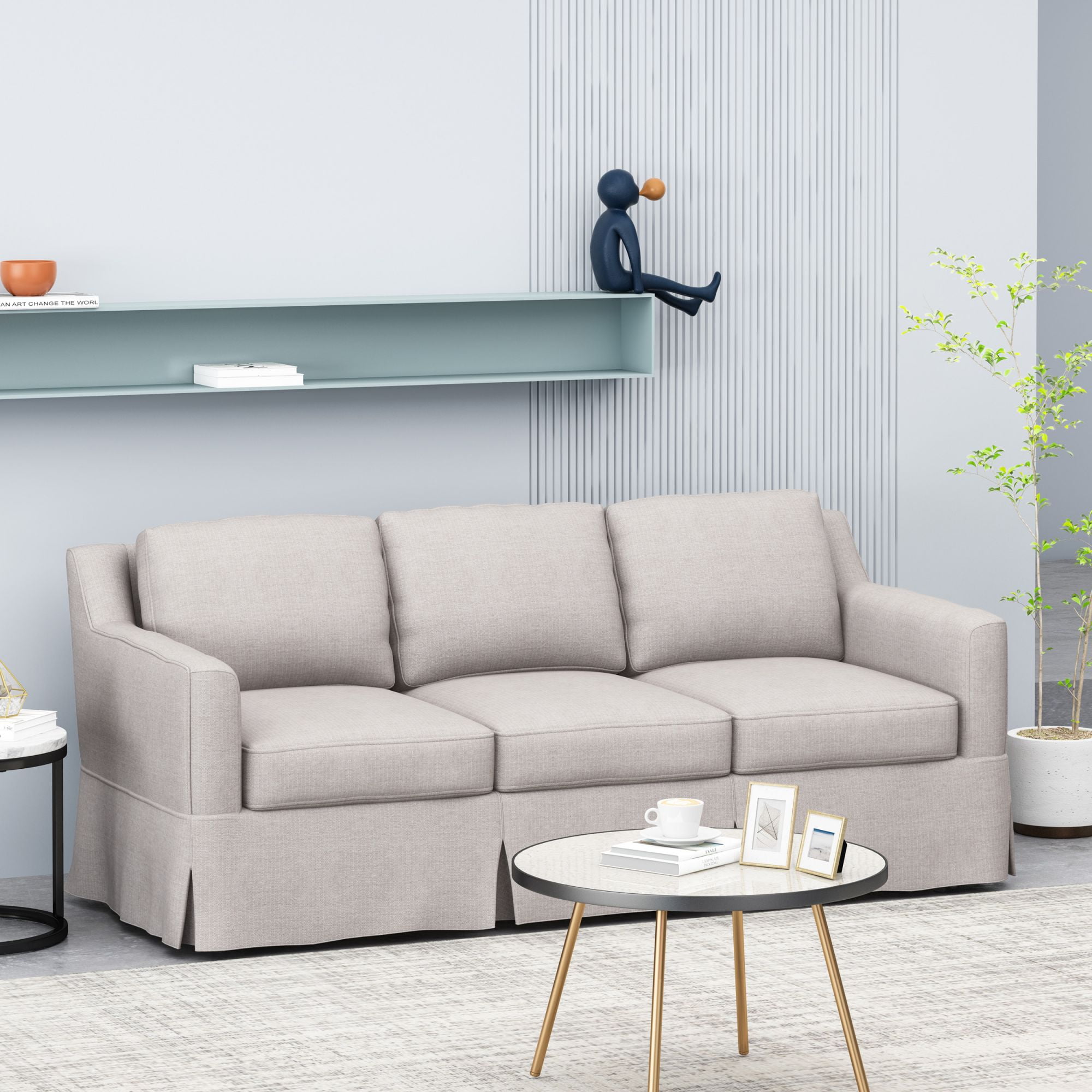 Roomfitters 79'' Elegant Light Beige Striped Fabric 3-Seater Sofa with ...