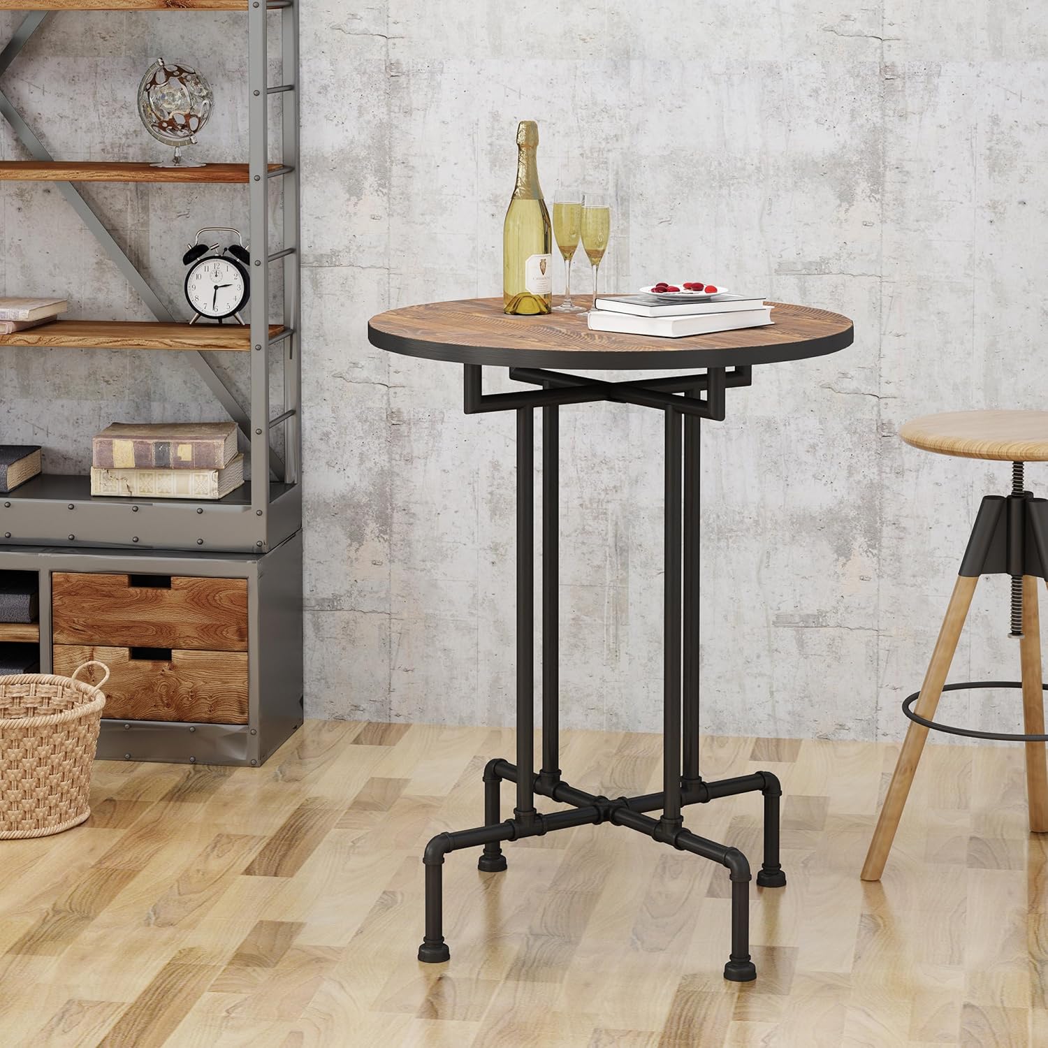 Roomfitters Industrial Round Bar Table, Rustic Brown Wood Finish ...