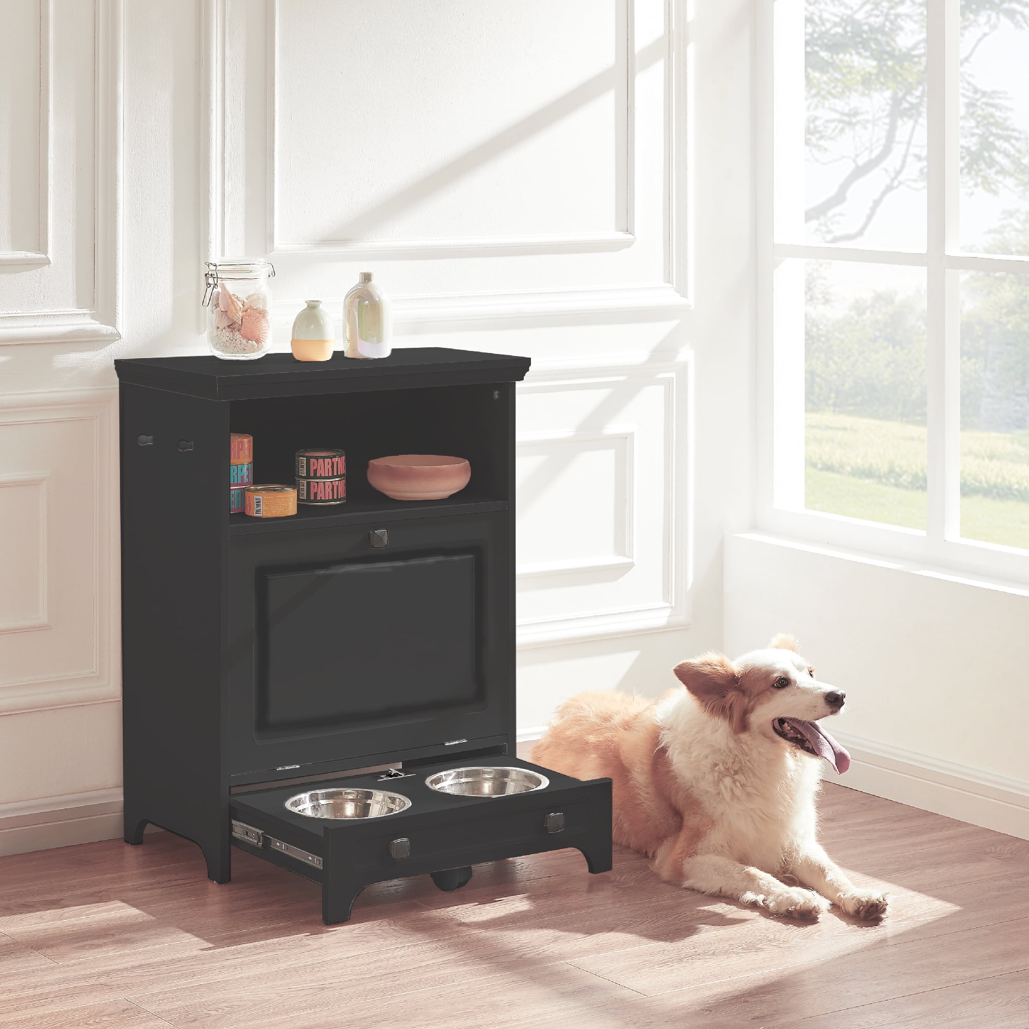 Roomfitters Modern Pet Feeding Station Furniture with 2 Elevated Dog ...