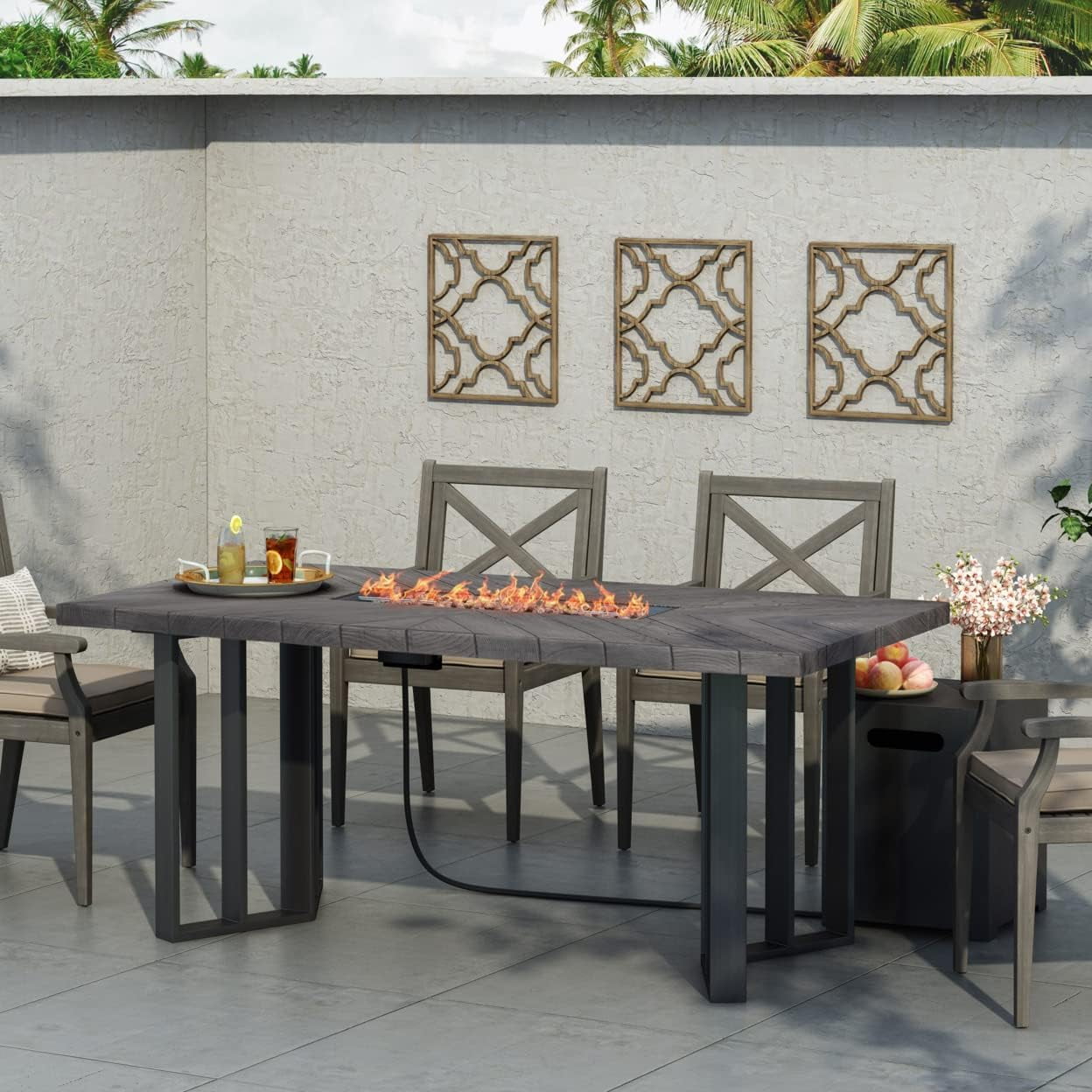 Roomfitters Outdoor Gas Fire Pit Dining Table with Modern Wood-Look Top ...