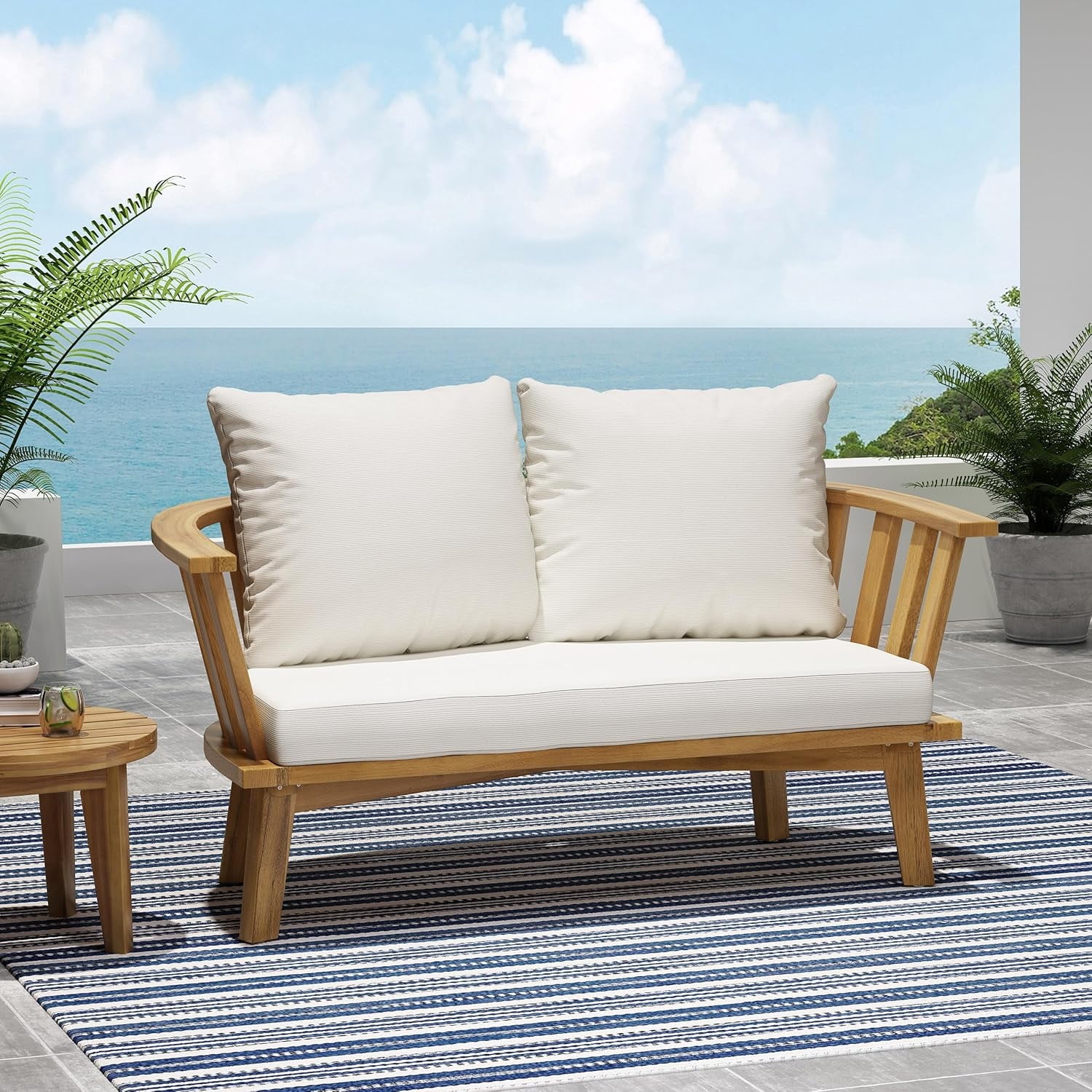 Roomfitters Outdoor Wooden Loveseat with Cushions, White and Teak ...