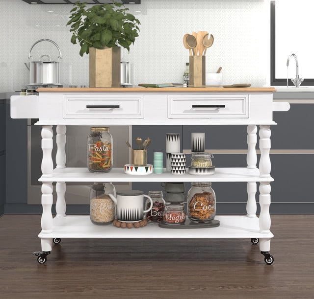 Roomfitters Retro Kitchen Island with 2 Selves, Solid Oak Wood Top ...