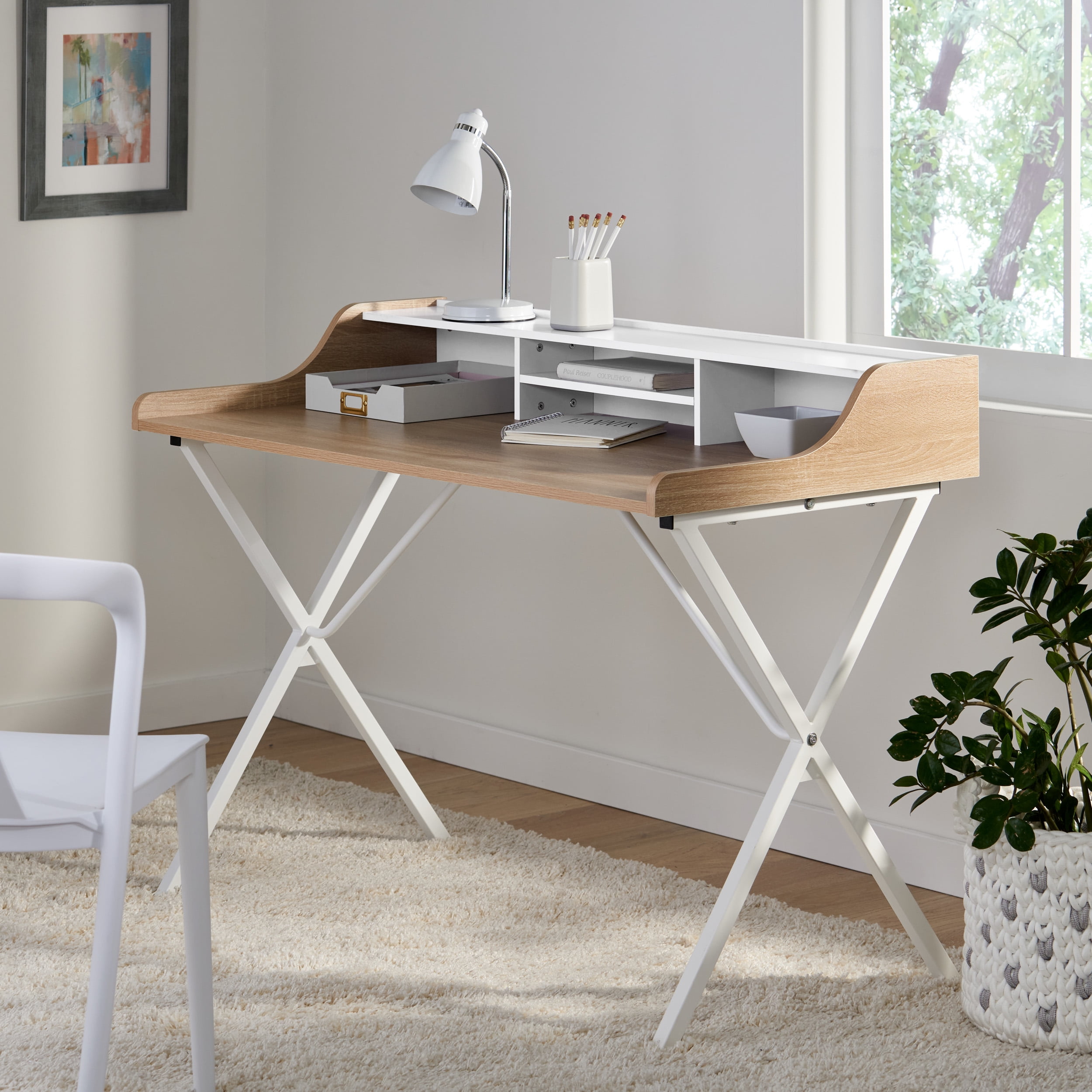 Roomfitters White Computer Desk with Built-In Hutch, Modern Minimalist ...