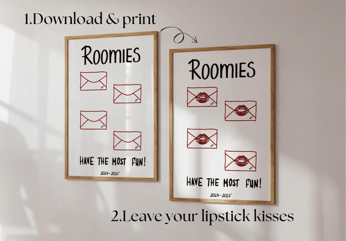 Roommate Print Diy Lipstick Kisses Roomies Sign Coquette Preppy Wall Art College Apartment ...