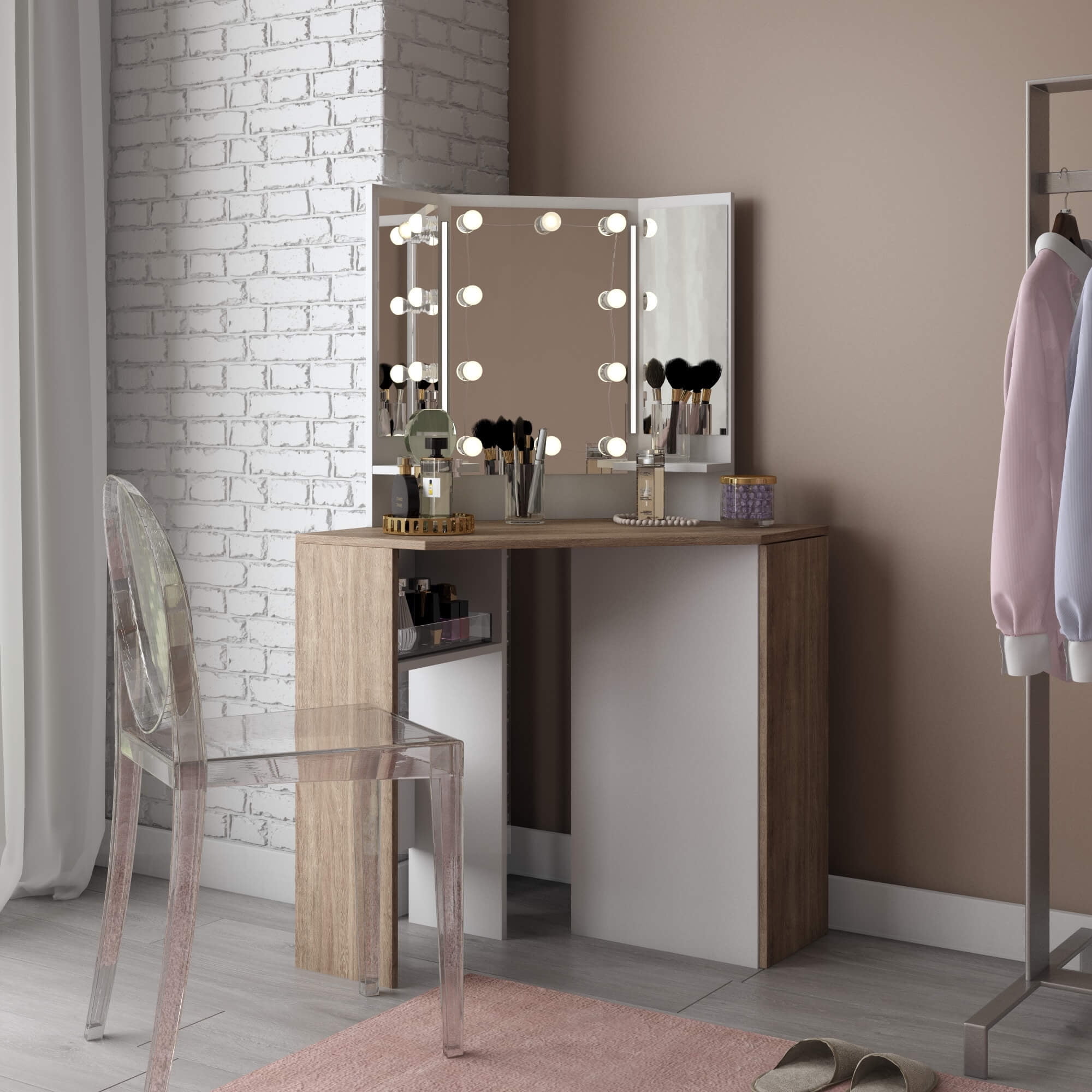 Roomsmart Pearl Corner Makeup Vanity with Storage and LED lights ...