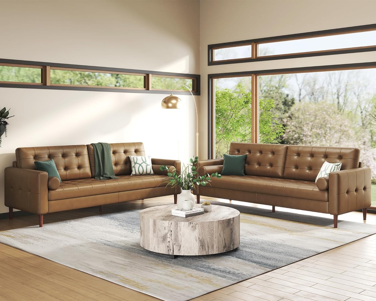 Roomy Homy Leather Sofa,Mid-Century Modern Genuine Leather Sofa,2 Piece ...