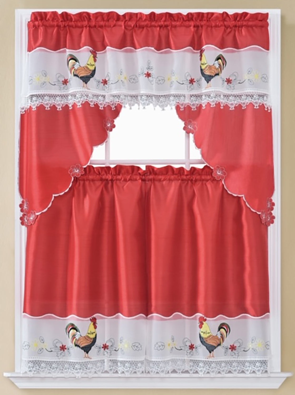 Sally Textile Inc, Rooster Kitchen Curtain Set, Embroidered Organza ...