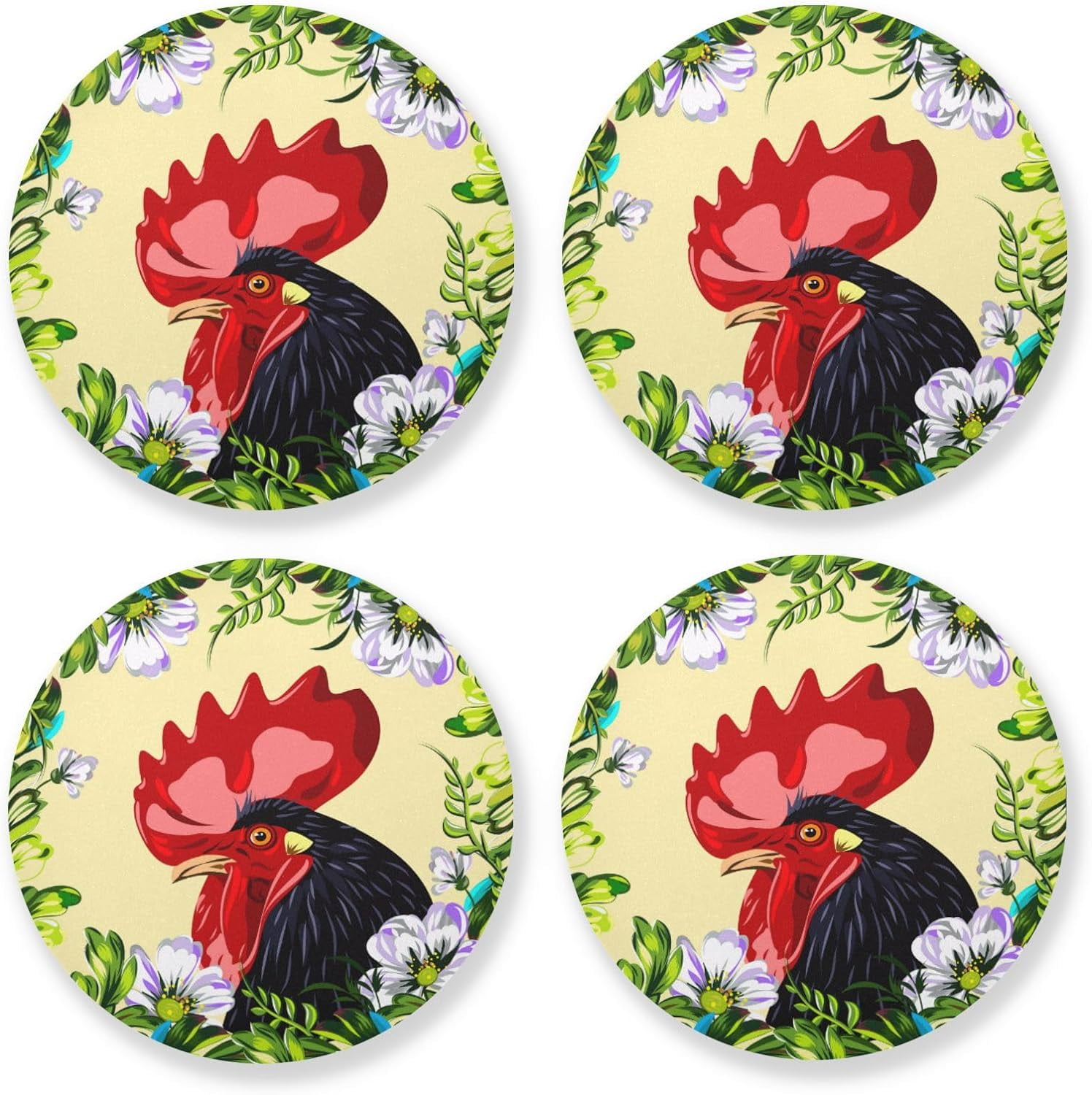 Rooster in A Beautiful Floral Frame Drinks Coasters, Non-Scratch Cork ...