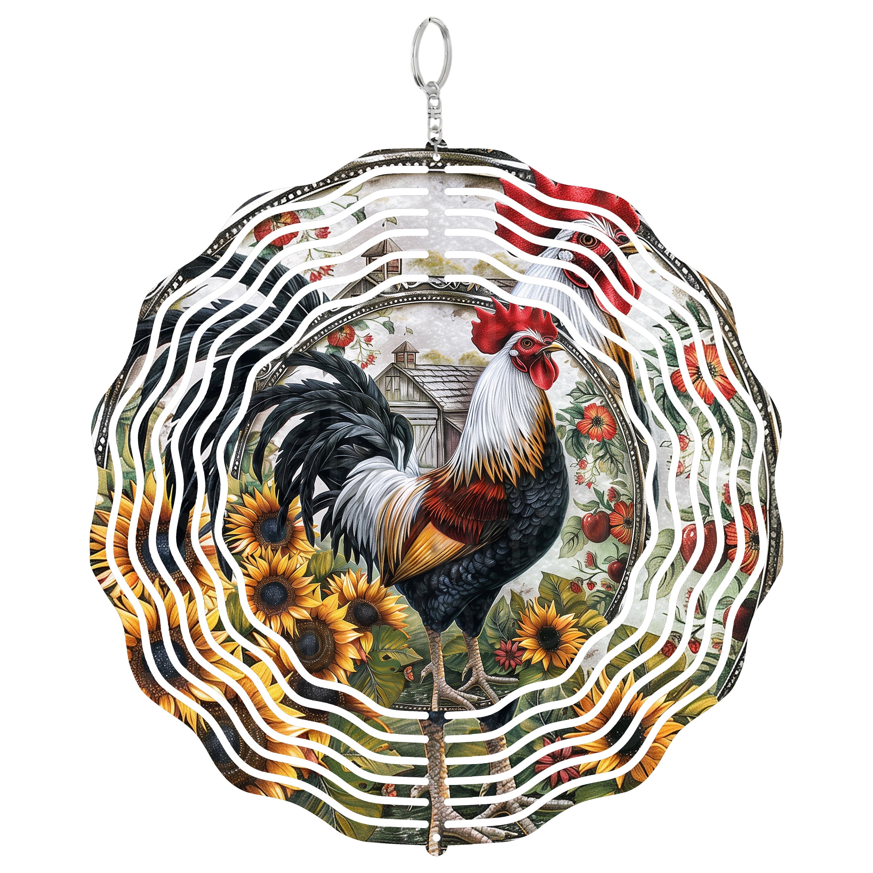 Rooster And Farm Round 3D Wind Spinner Kinetic Hanging Garden Decor ...