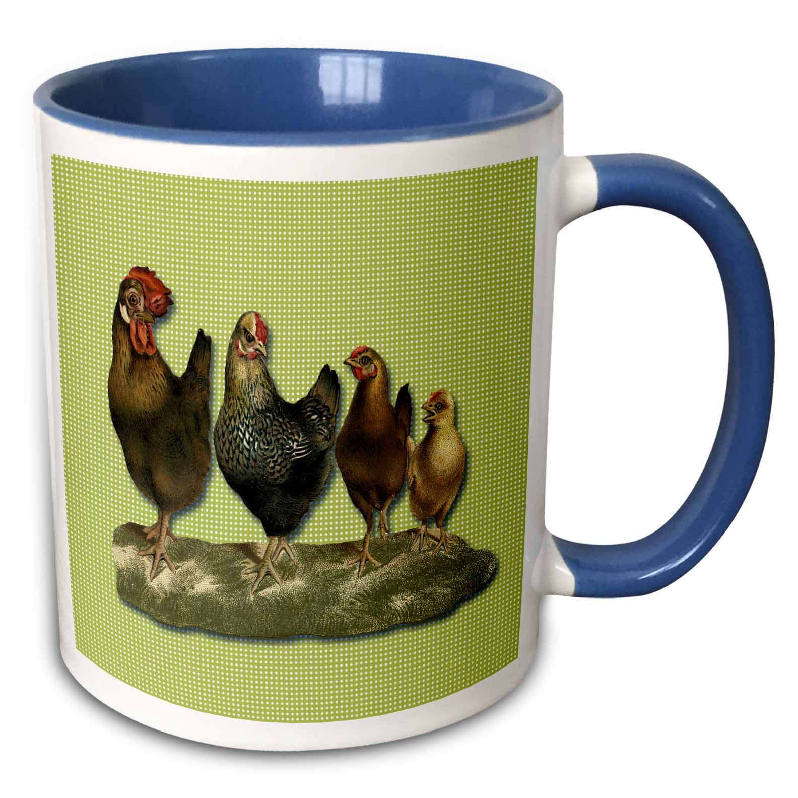 3drose, Rooster and Three Hens of Different Size on a Green Gingham ...