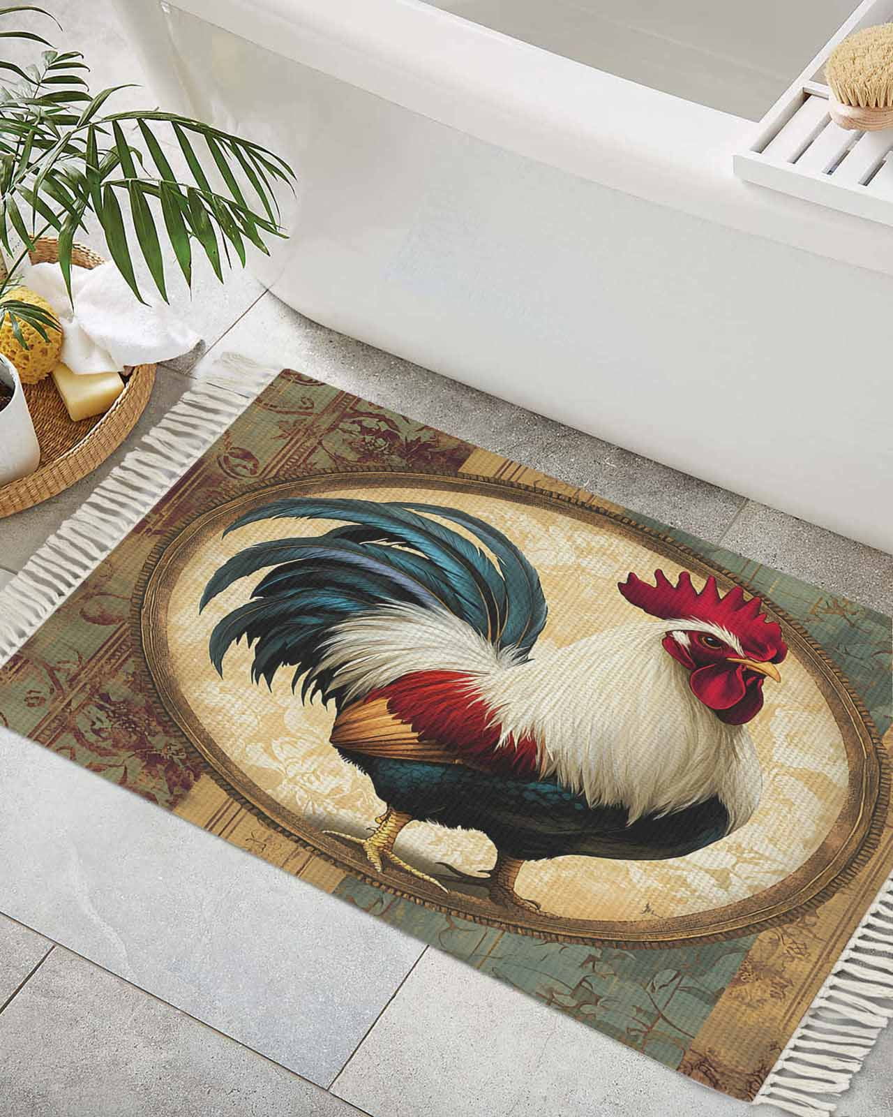 Rooster Bath Rug 2x3ft Woven Bathroom Entryway Runner Rug,Vintage ...