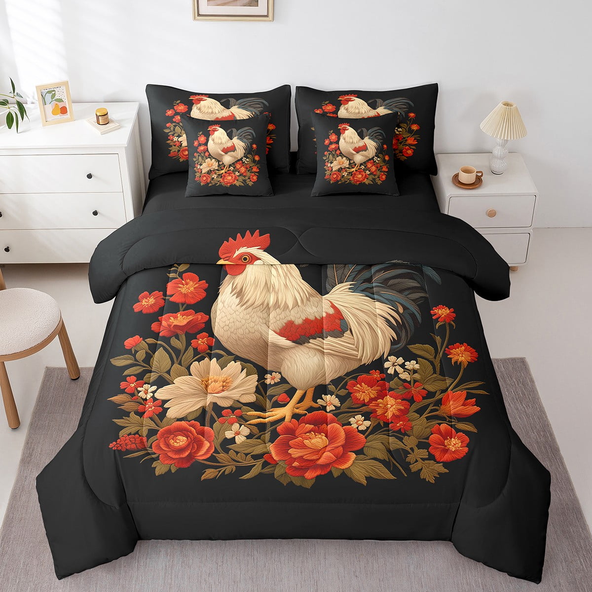 Rooster Bedding Set Chicken Queen Size Comforter 7 Pieces Bed In A Bag,Farmhouse Animal Sheet ...