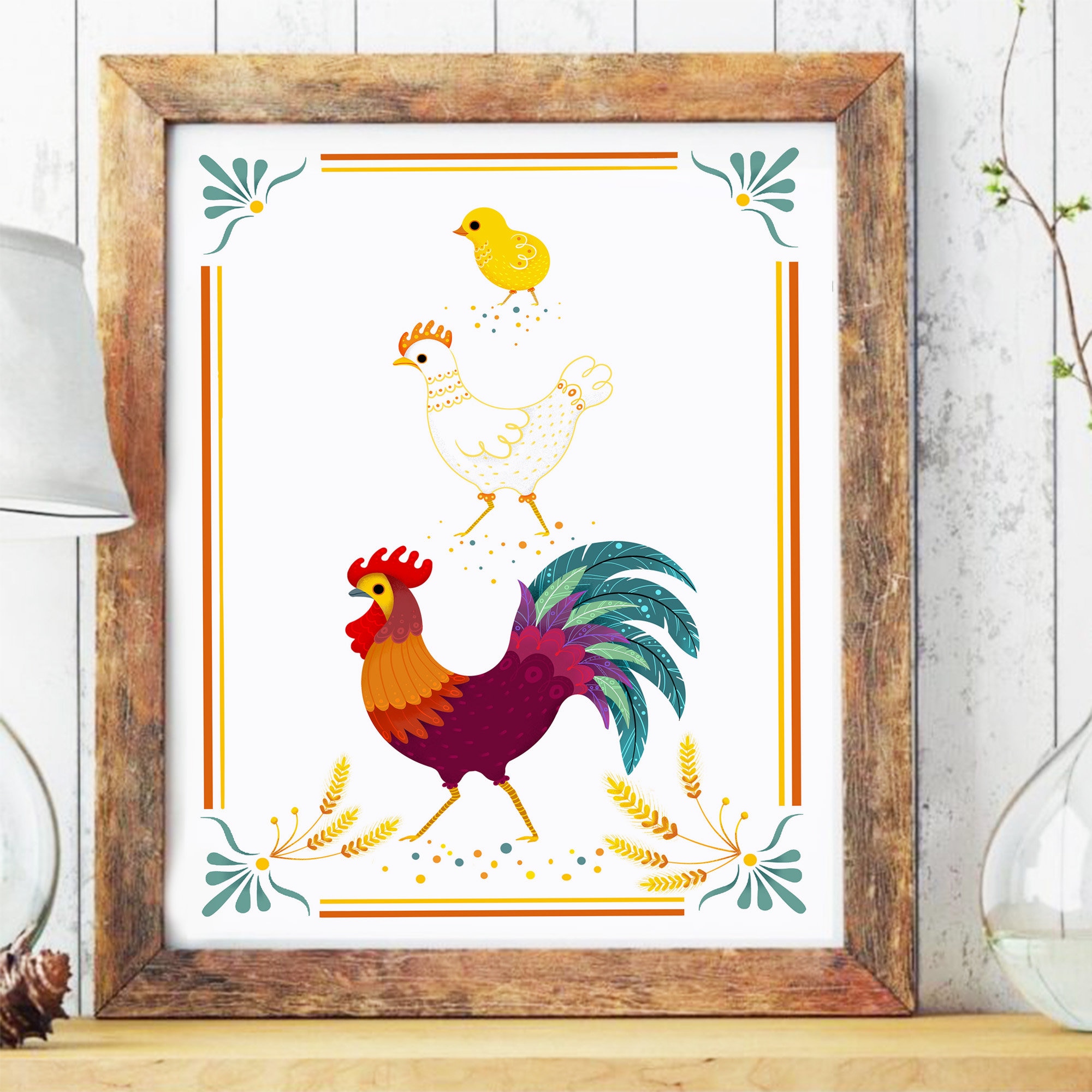 Rooster and Chicken Country Art Print, for Kitchen Farmhouse decor ...