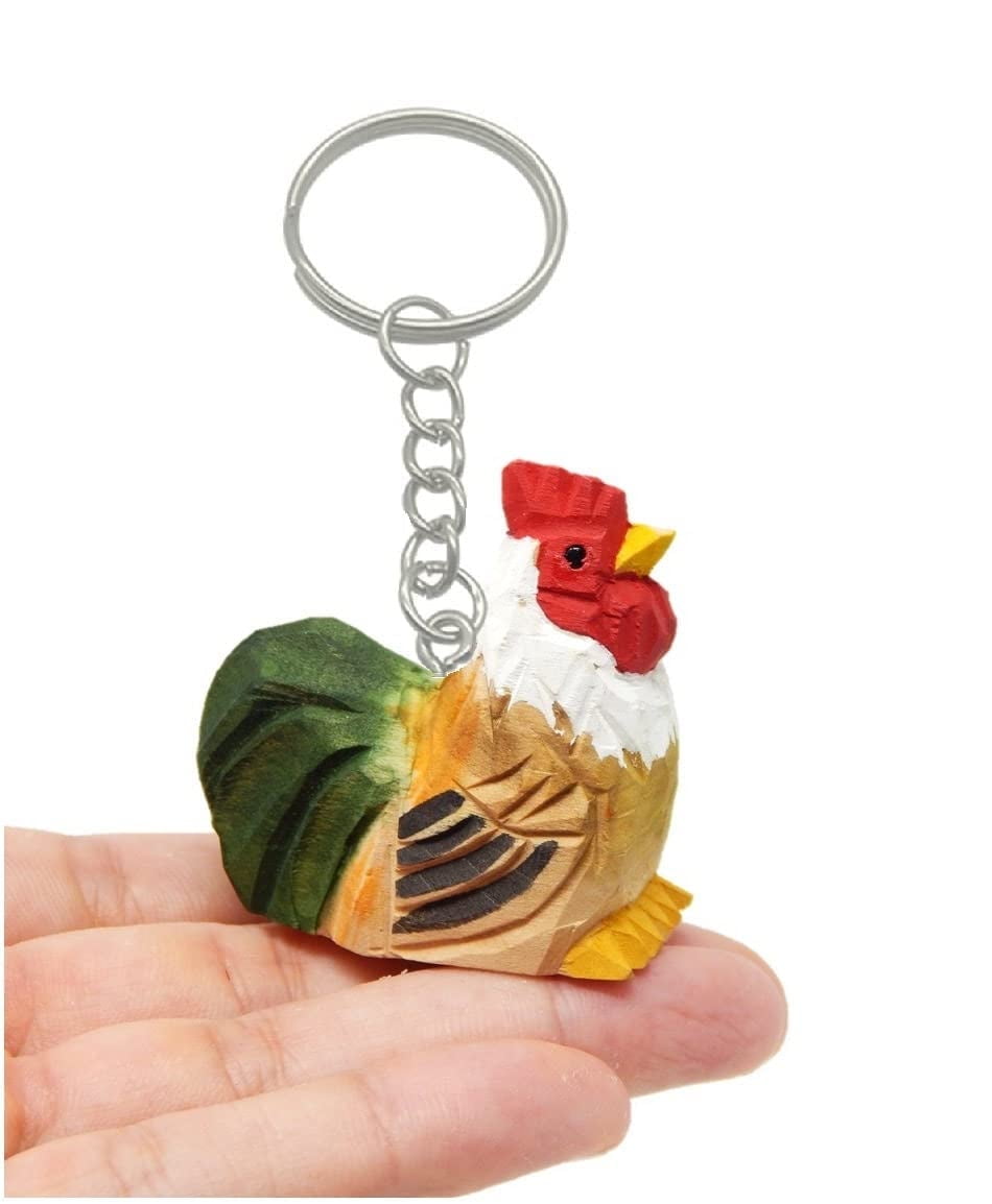 Rooster Chicken Keychain Ring Clip Charm Farm Bird Miniature Wood Mini ...