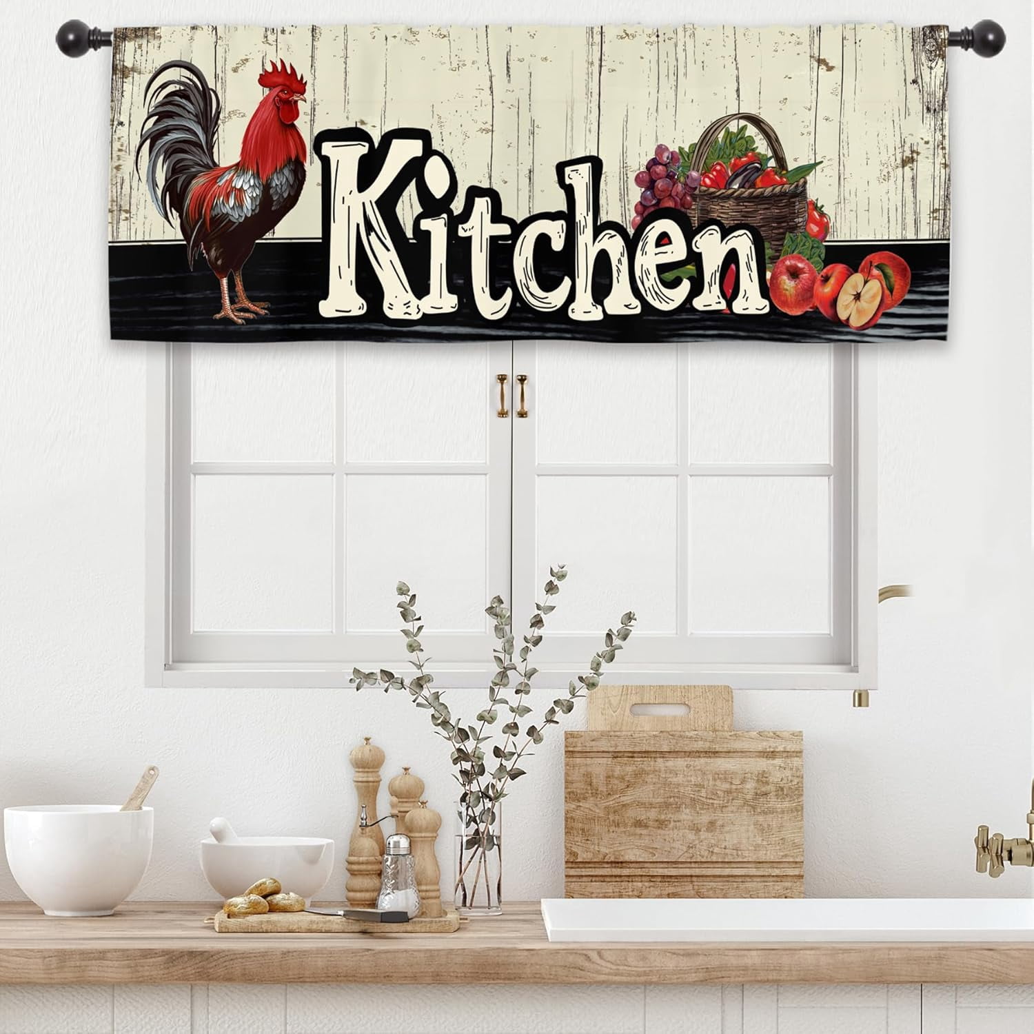 Rooster Chicken Kitchen Curtain Valance 54W x 18L Inch Farmhouse Rustic ...