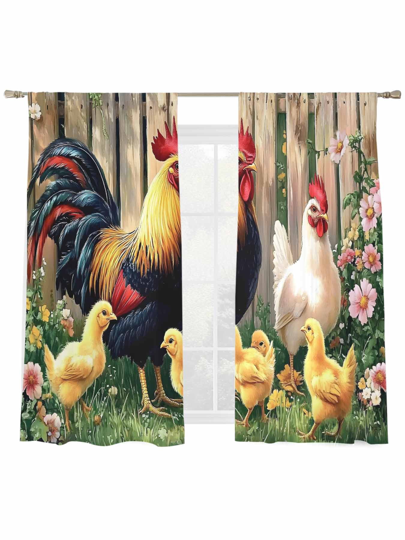 Rooster Chicken Pink Flowers Sheer Curtains for Living Room Bedroom ...