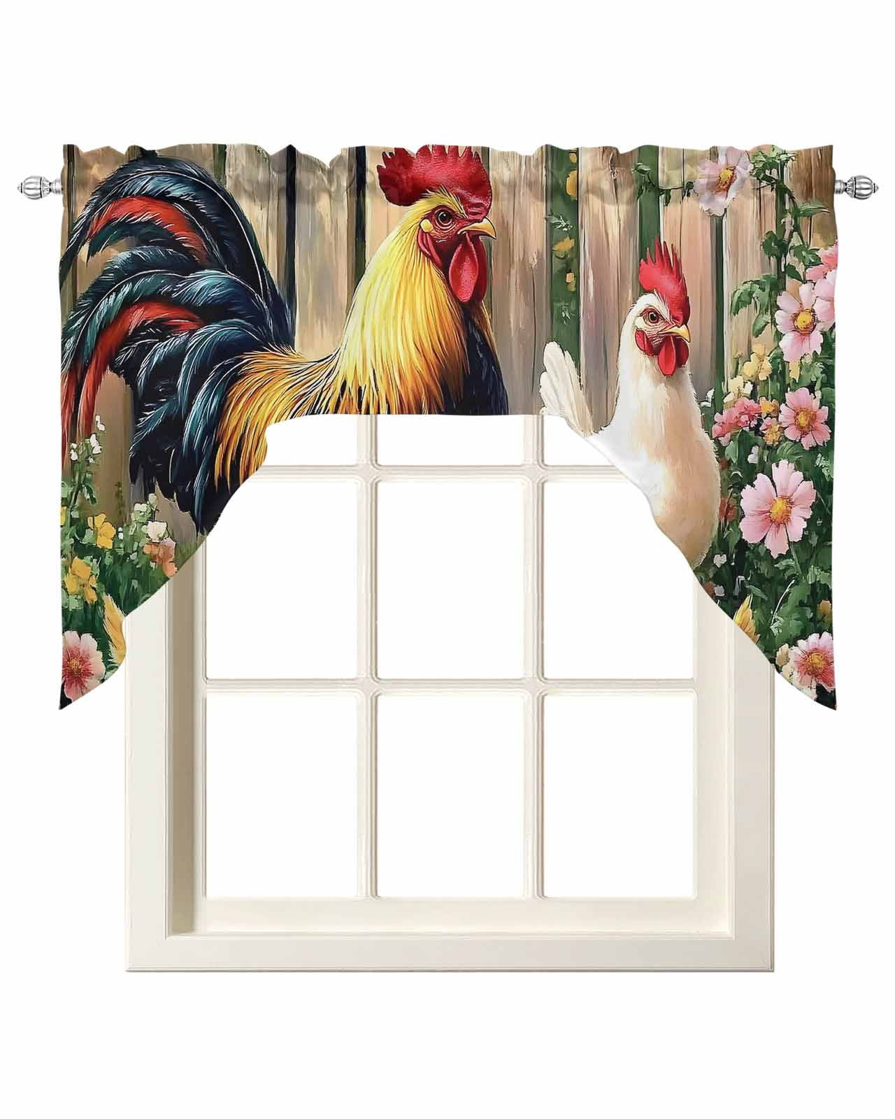 Rooster Chicken Pink Flowers Swag Valance and Tier Curtains Set ...