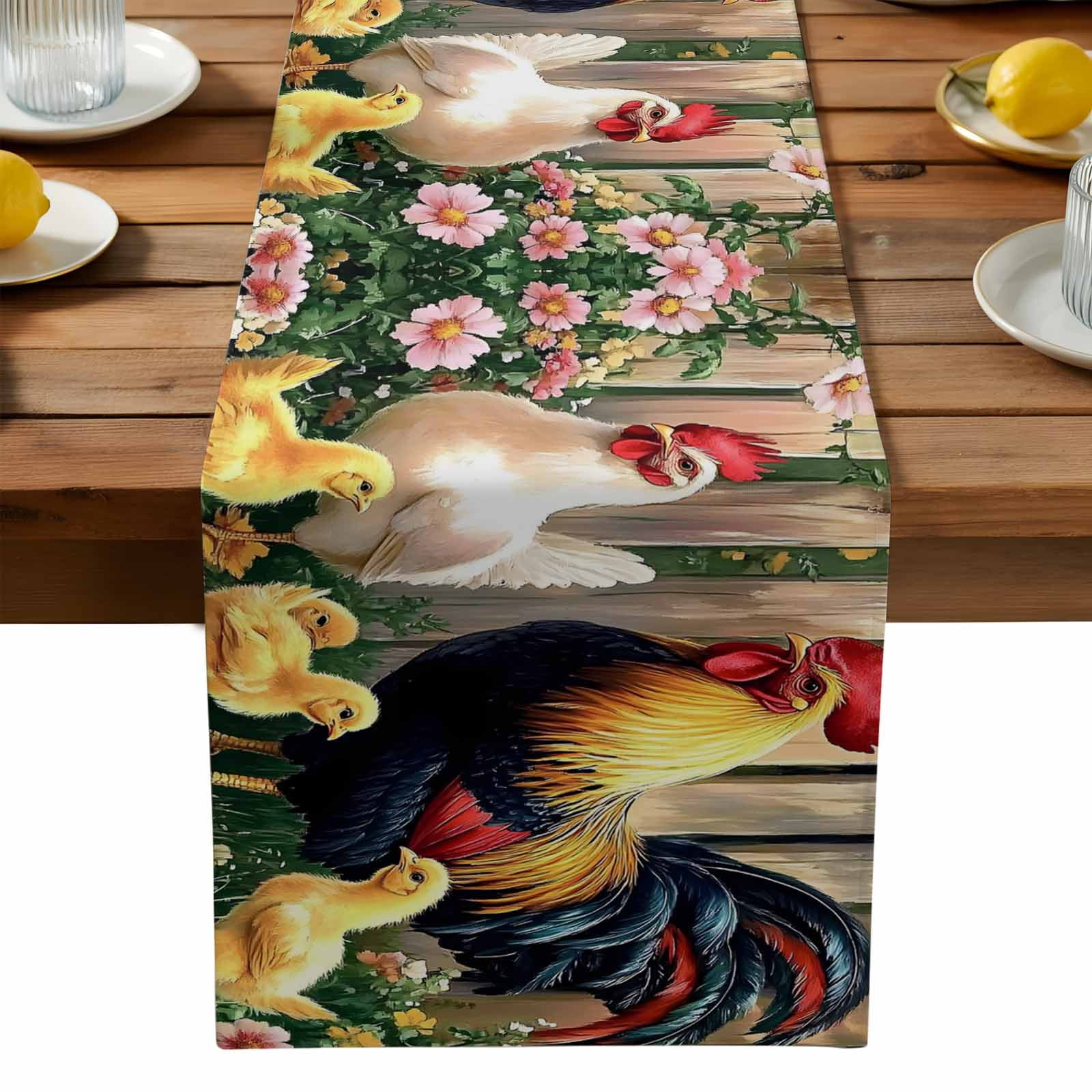 Rooster Chicken Pink Flowers Table Runner, Watercolor Art Vintage Farm ...