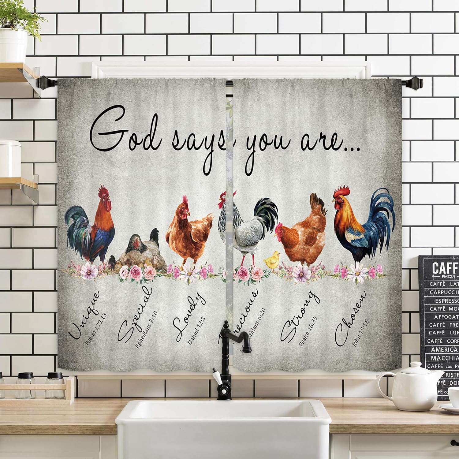 Rooster Chicken Rustic Kitchen Window Curtains 2 Panels 27.5W x 39H Rod ...