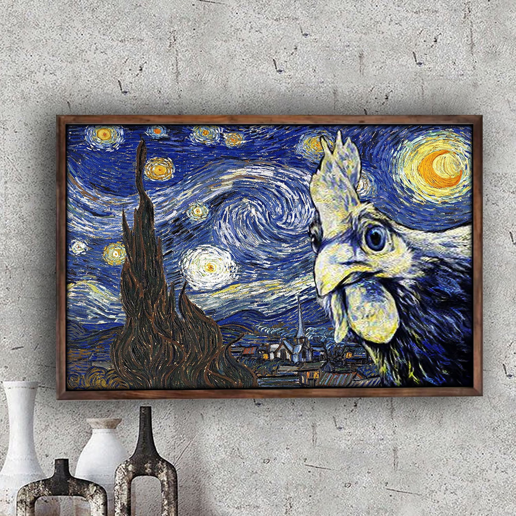 Rooster Chicken Starry Night Poster Farmer Living Home Decor Wall Art ...