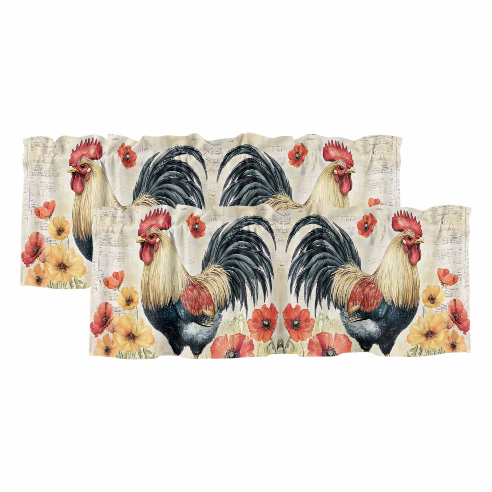 Rooster Chicken Valances for Windows 2 Panels Flowers Watercolor ...