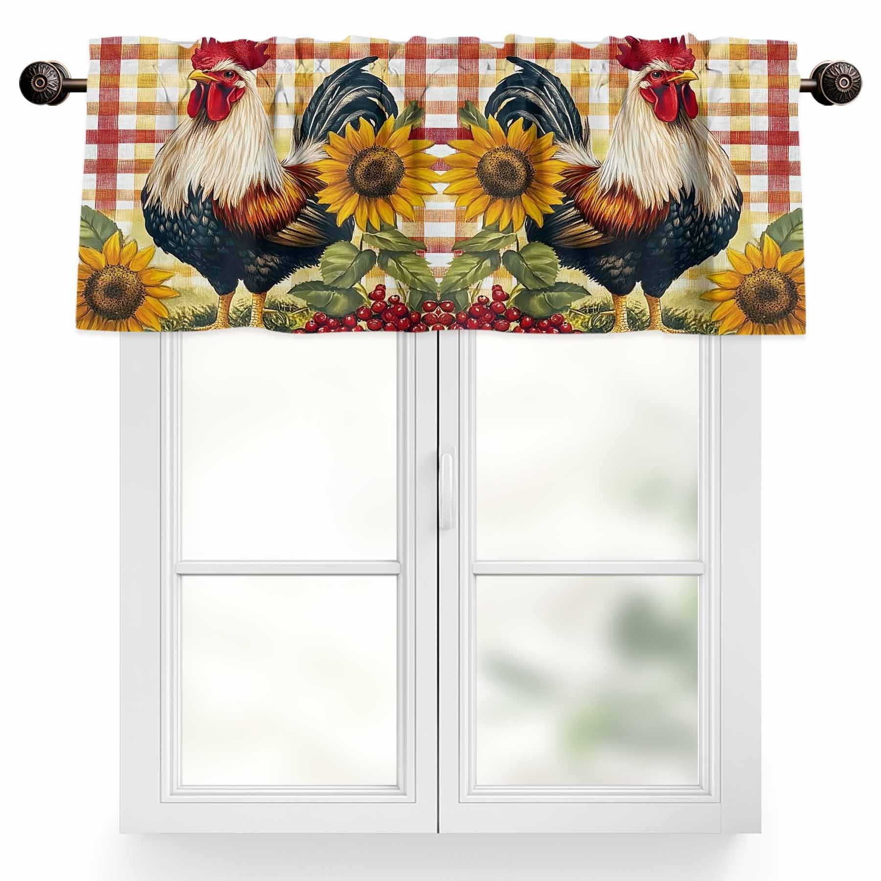 Rooster Chicken Valances for Windows, 42 x 18in, Sunflower Watercolor ...